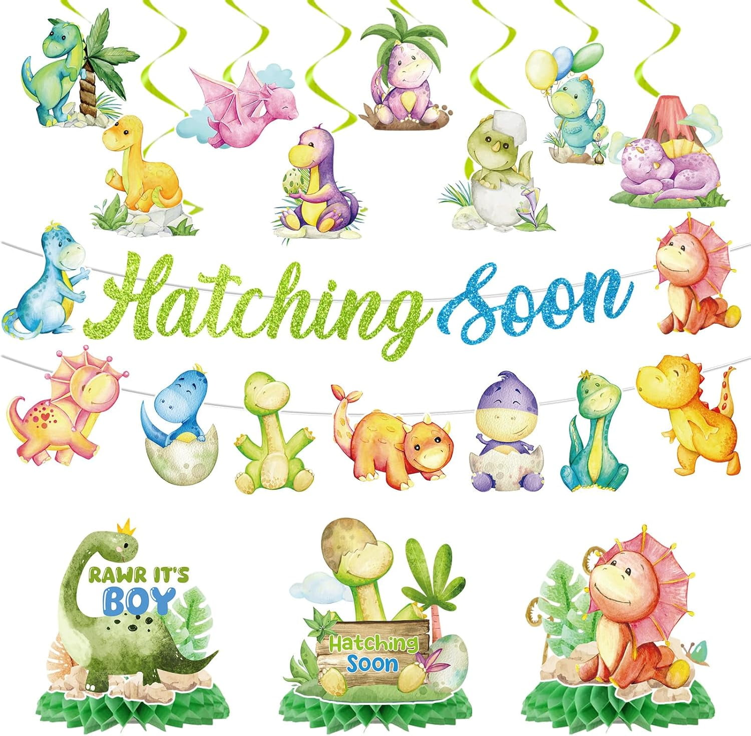 Dinosaur Baby Shower Decorations, No-DIY Hatching Soon Banners Baby ...