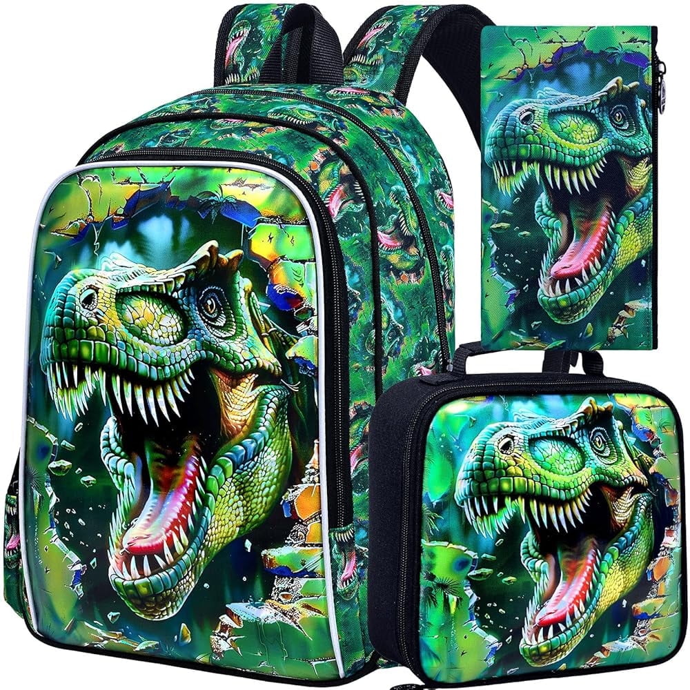 Dinosaur Backpack, 16" Boys Kids Bookbag with Lunch Box, 3Pcs Dino ...