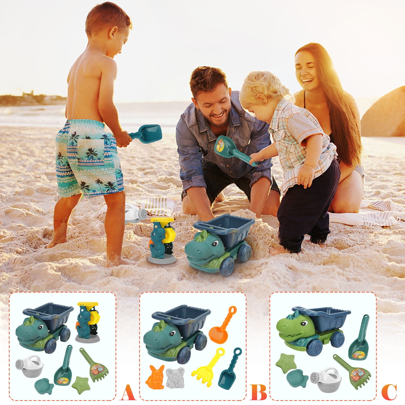 Dinosaur Beach Toy Set - 6 & 7 Piece ABS Plastic Sand Play Kit with ...