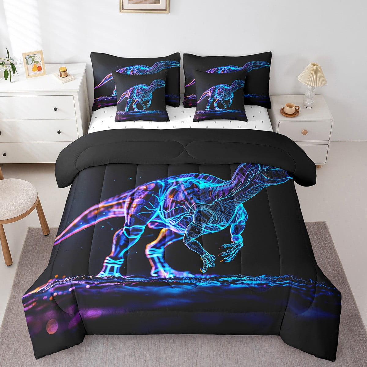 Dinosaur Bed in a Bag King Size Comforter Set 7 Pieces,Neon Lights Dino ...