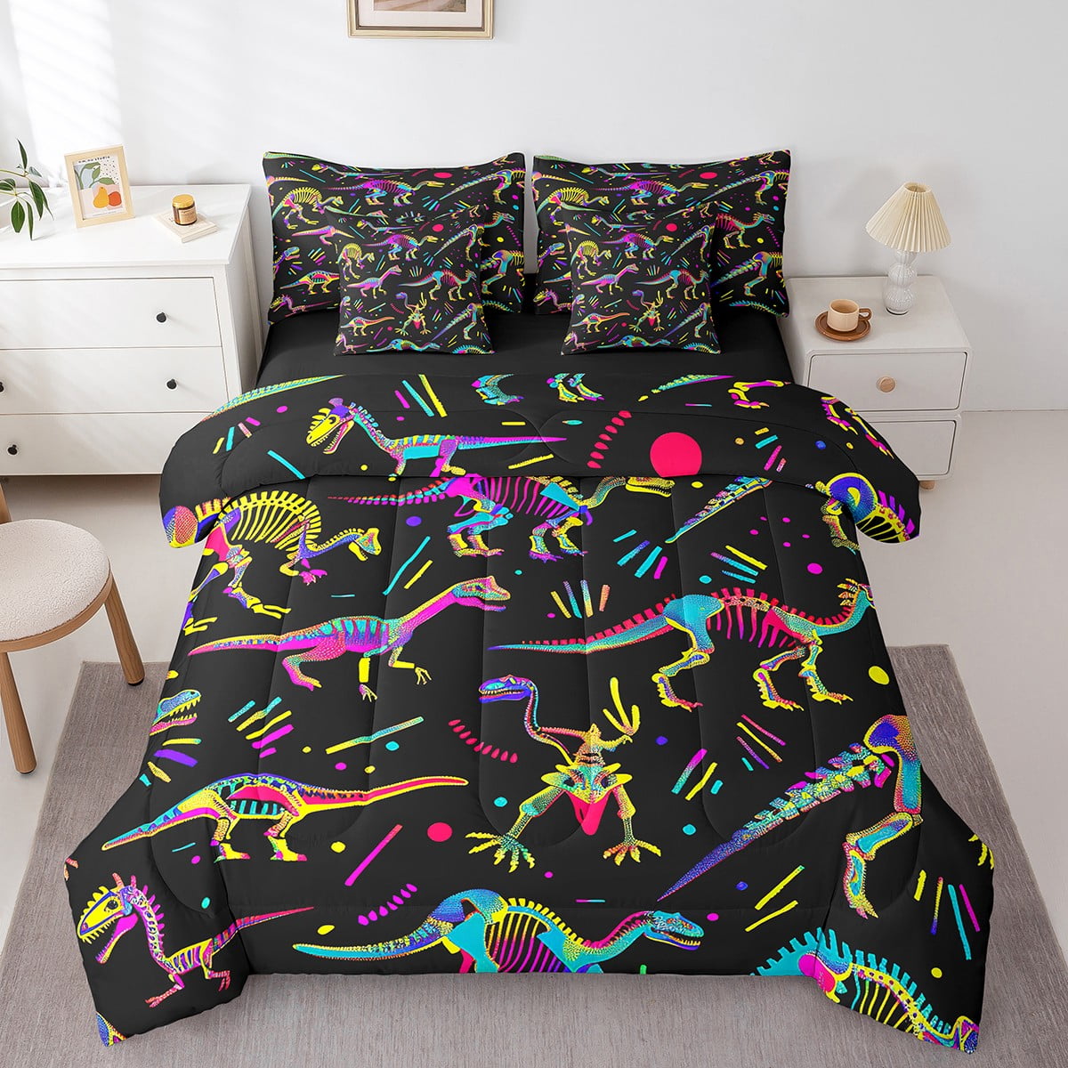 Dinosaur Bed in a Bag King Size Comforter Set 7 Pieces,Rainbow Dino ...