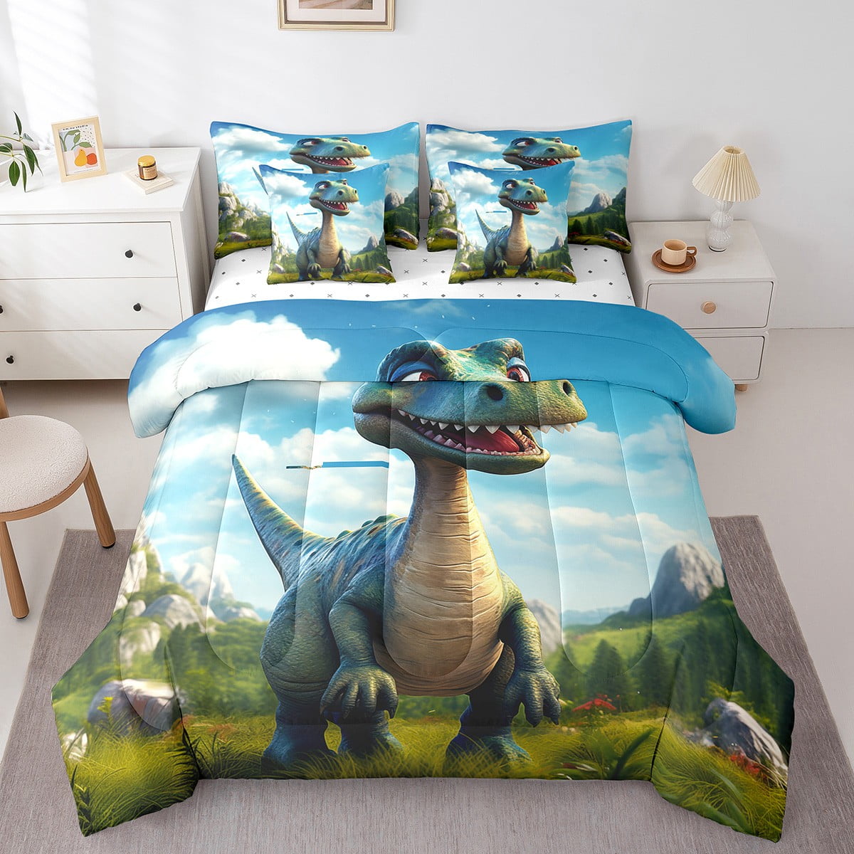 Dinosaur Bed in a Bag Queen Comforter Set 7 Piece,Kawaii Dino Bedding ...
