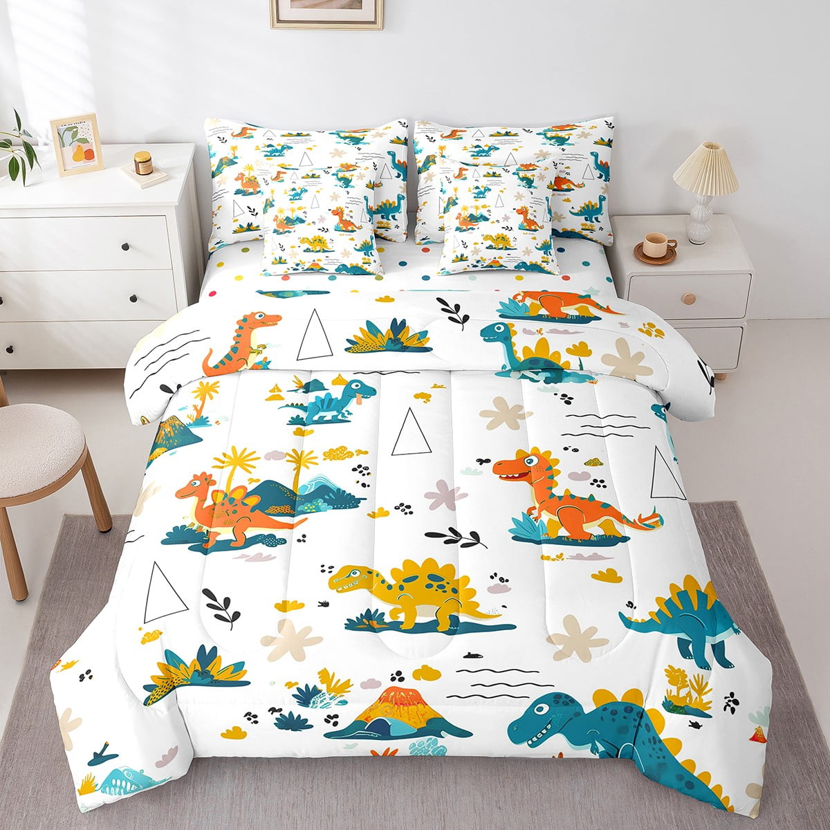 Dinosaur Bed in a Bag Queen Comforter Set 7 Piece,Kawaii Dino Bedding Sets Jungle Animal Sheet ...