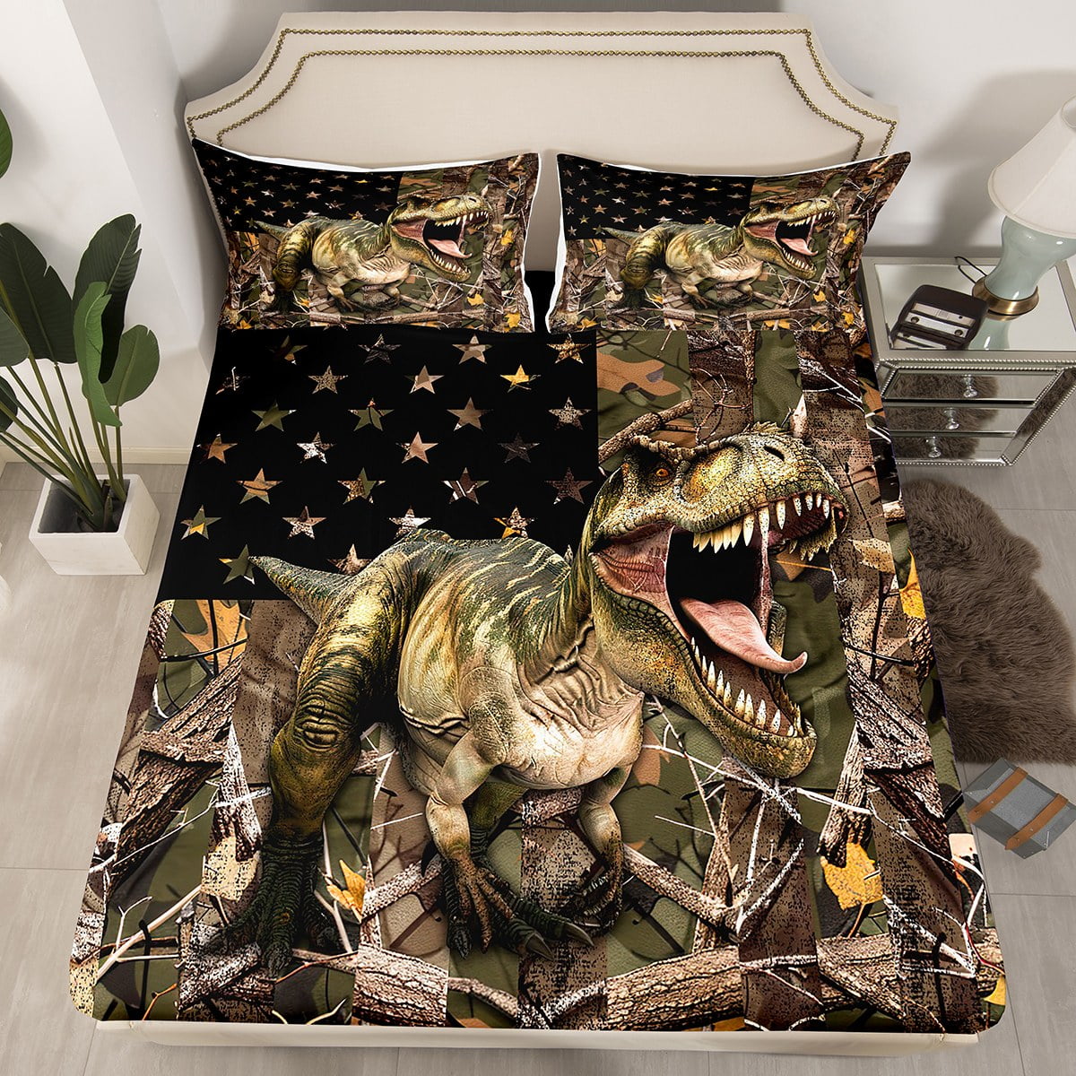 Dinosaur Bed Sheets Vintage Jungle American Flag Bedding Set 3D ...