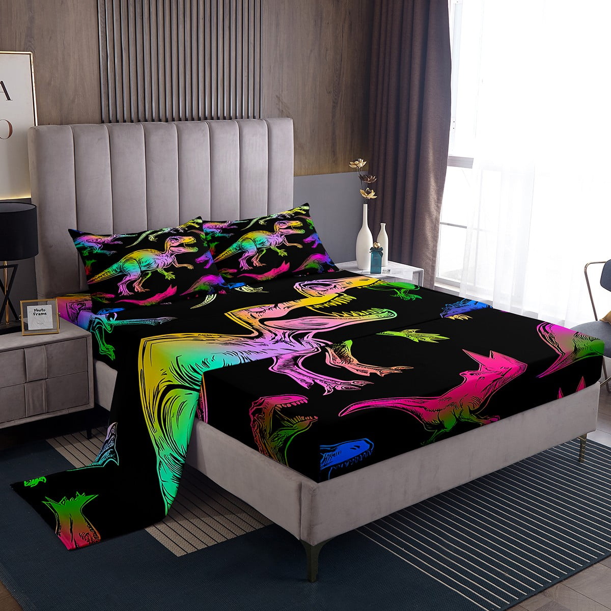 Dinosaur Bed Sheets Set Rainbow Dino Sheet Set Queen,Jungle Animal ...