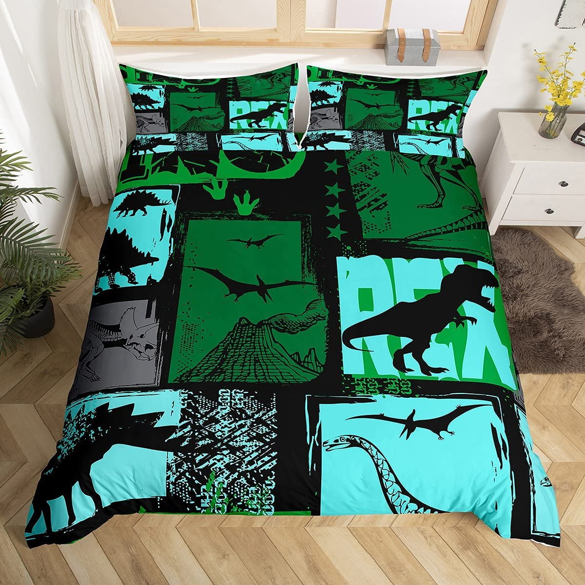 Dinosaur Bedding Set for Kids Boys Bedroom,Green Graffiti Bed Duvet ...