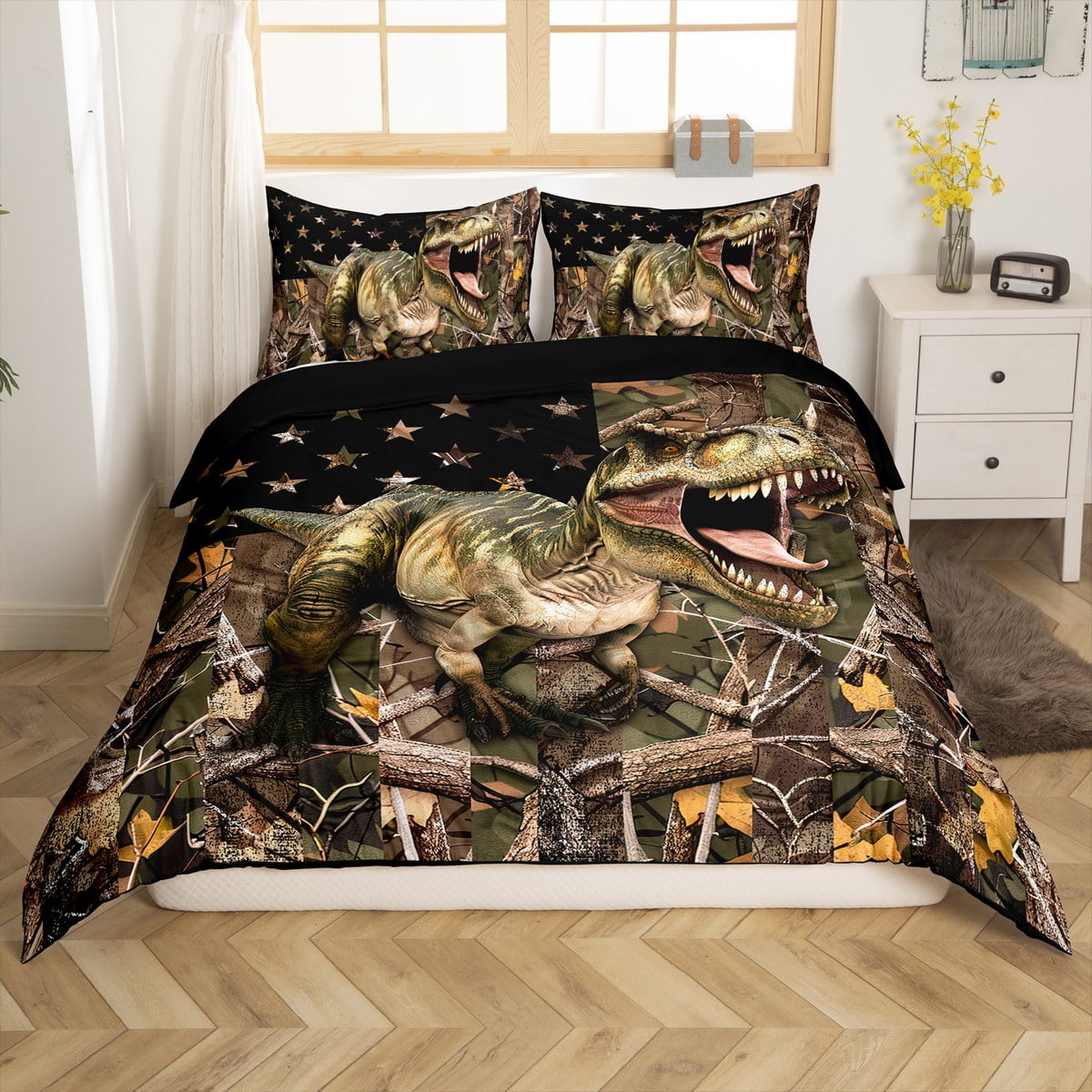 Dinosaur Bedding Sets Retro Jungle American Flag Comforter Cover 3D ...