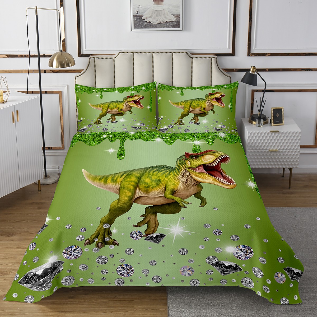 Dinosaur Bedspread Set Green Sequin Fluid Art Coverlet Set,Crystal ...