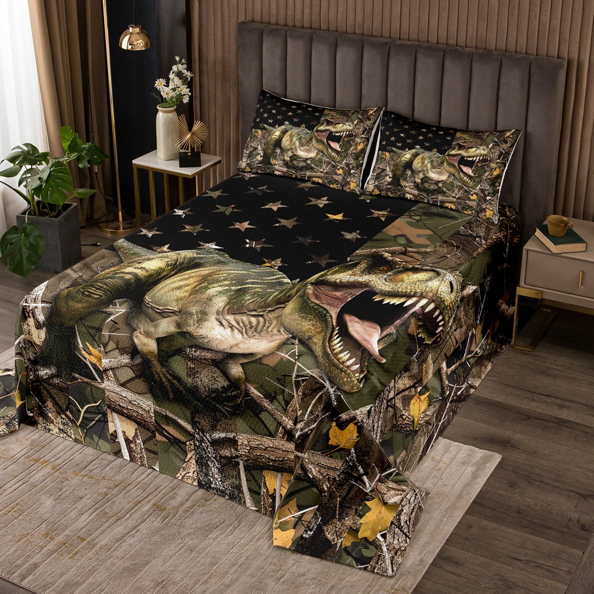 Dinosaur Bedspread Set Retro Jungle American Flag Coverlet Set 3D ...