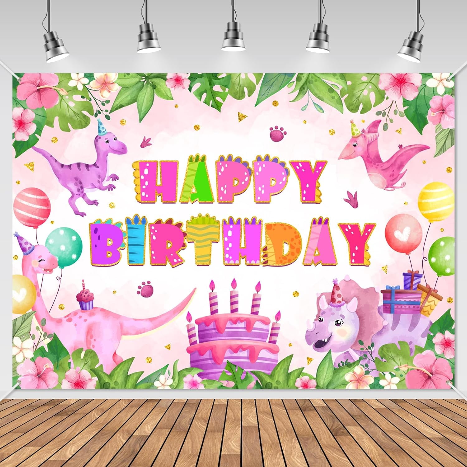 Dinosaur Birthday Backdrop for Girls Watercolor Pink Dinosaur Birthday ...