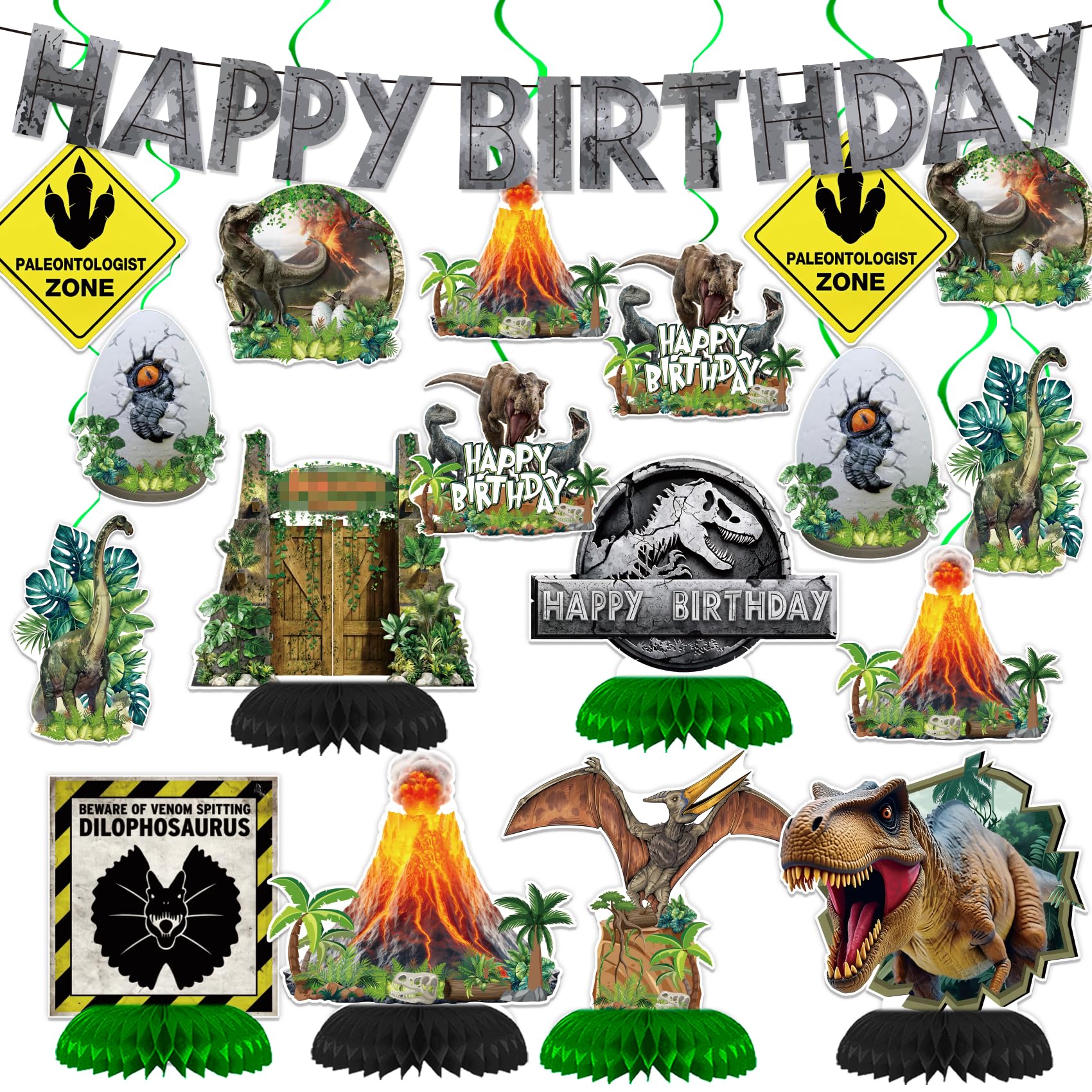 Dinosaur Birthday Decorations FEV6 Set - 19PCS with Hanging Swirls, 3D ...
