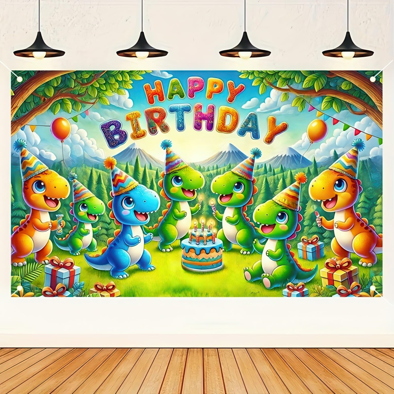 Dinosaur Birthday Party Banner - Cute Dinosaurs With Party Hats and ...