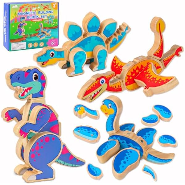 Dinosaur Building Blocks Set, Wooden Dino Blocks, Magnetic Dinosaur ...