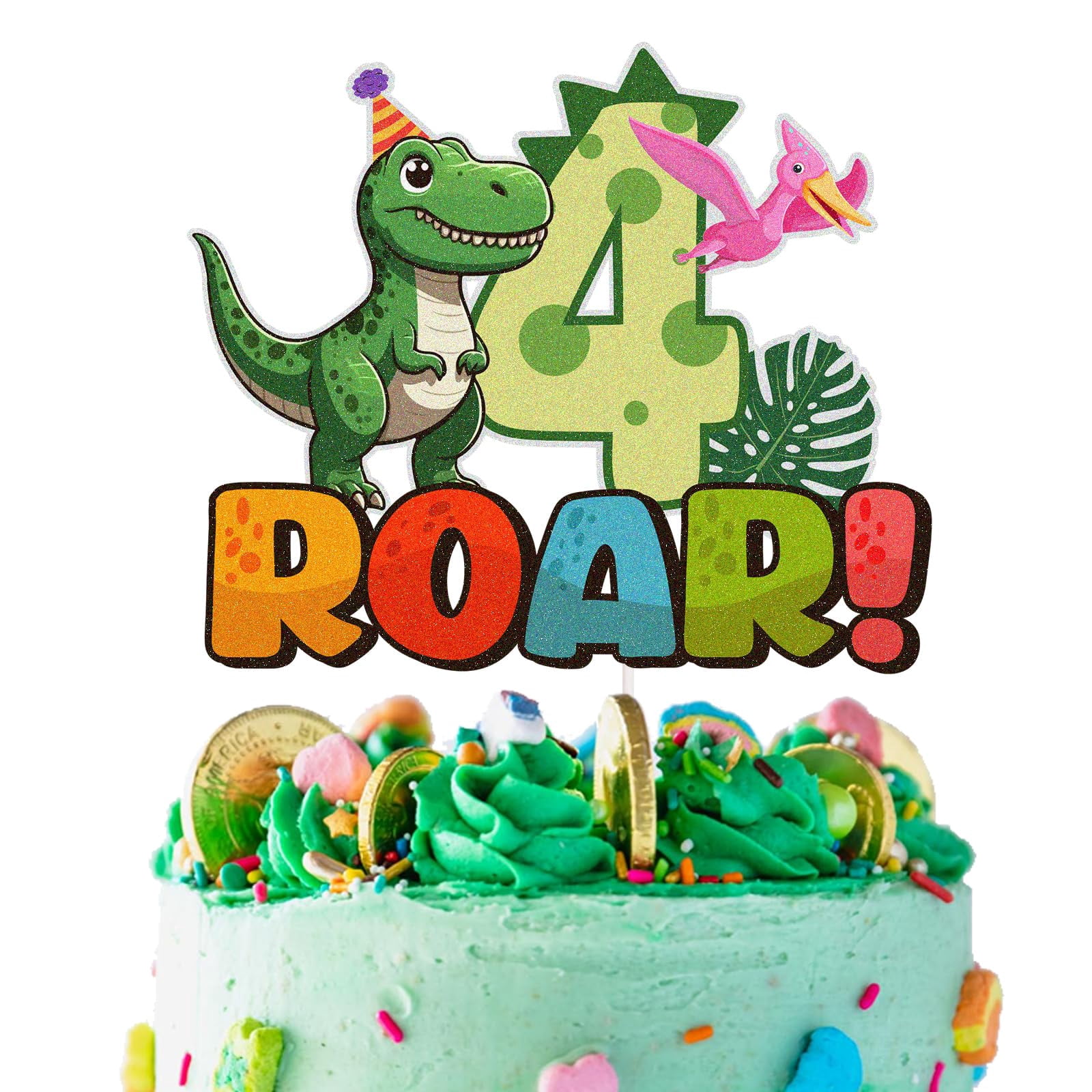 Dinosaur Cake Topper for 4 Year ITL1 Old Birthday Party, Dinosaur Four ...