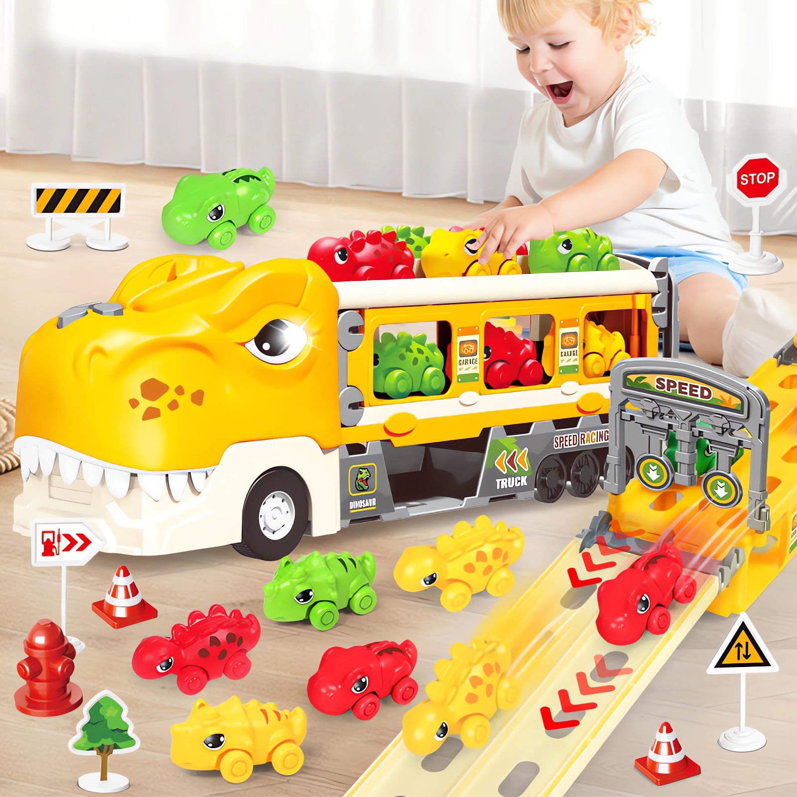 Dino Cars Toys with 47inch Track, Transport Truck with 6pcs Ejectable ...