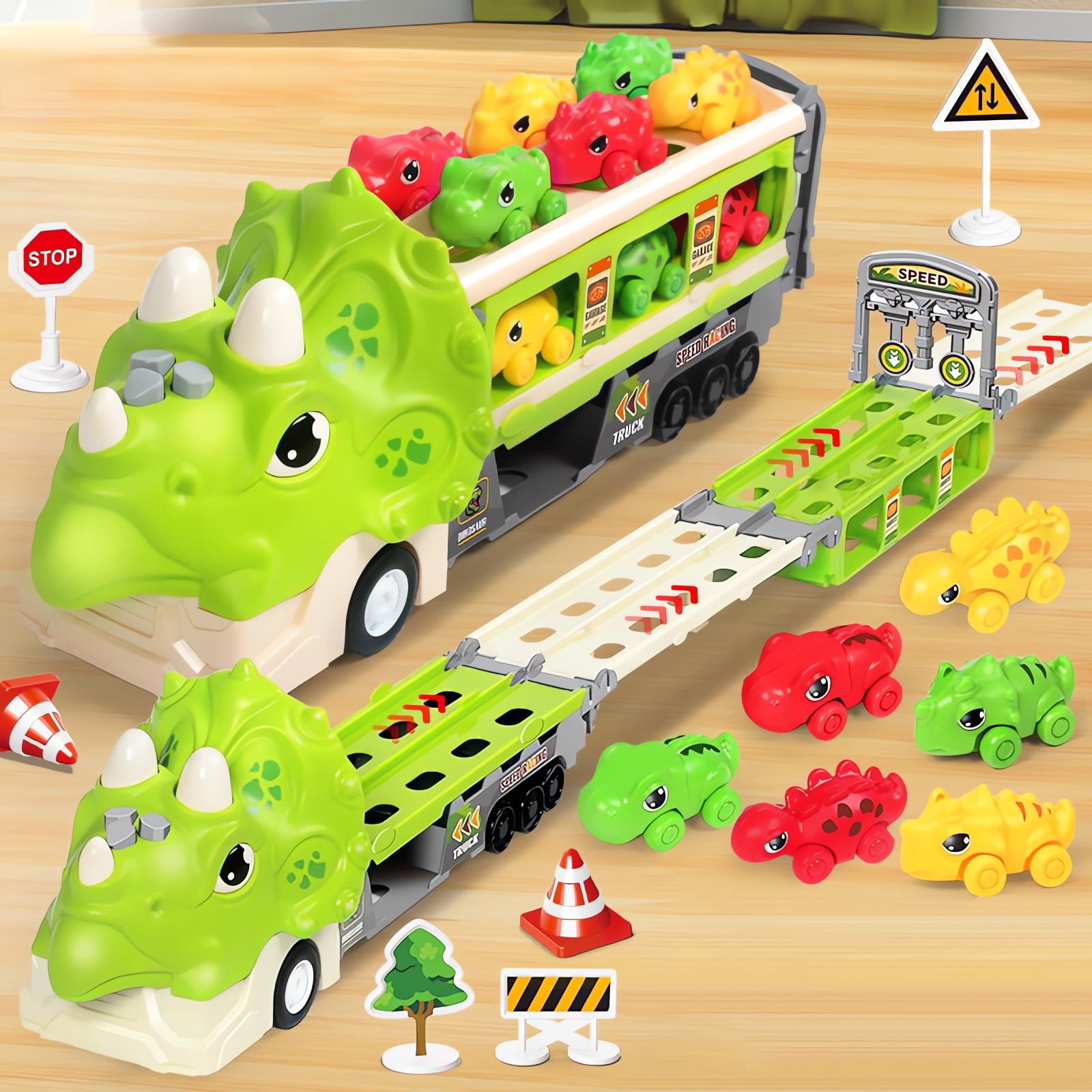 47'' Dino Track Playset with Carrier Transport and 6 Cars, For Boys Age ...