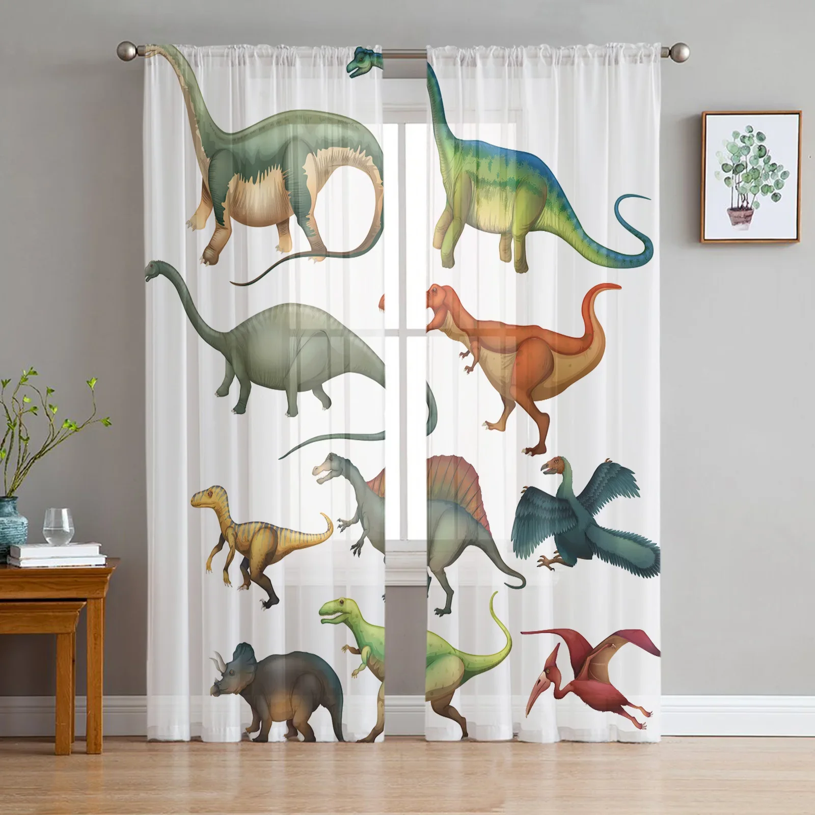 Dinosaur Cartoon Kawaii Geometric Tulle Sheer Window Curtains for ...
