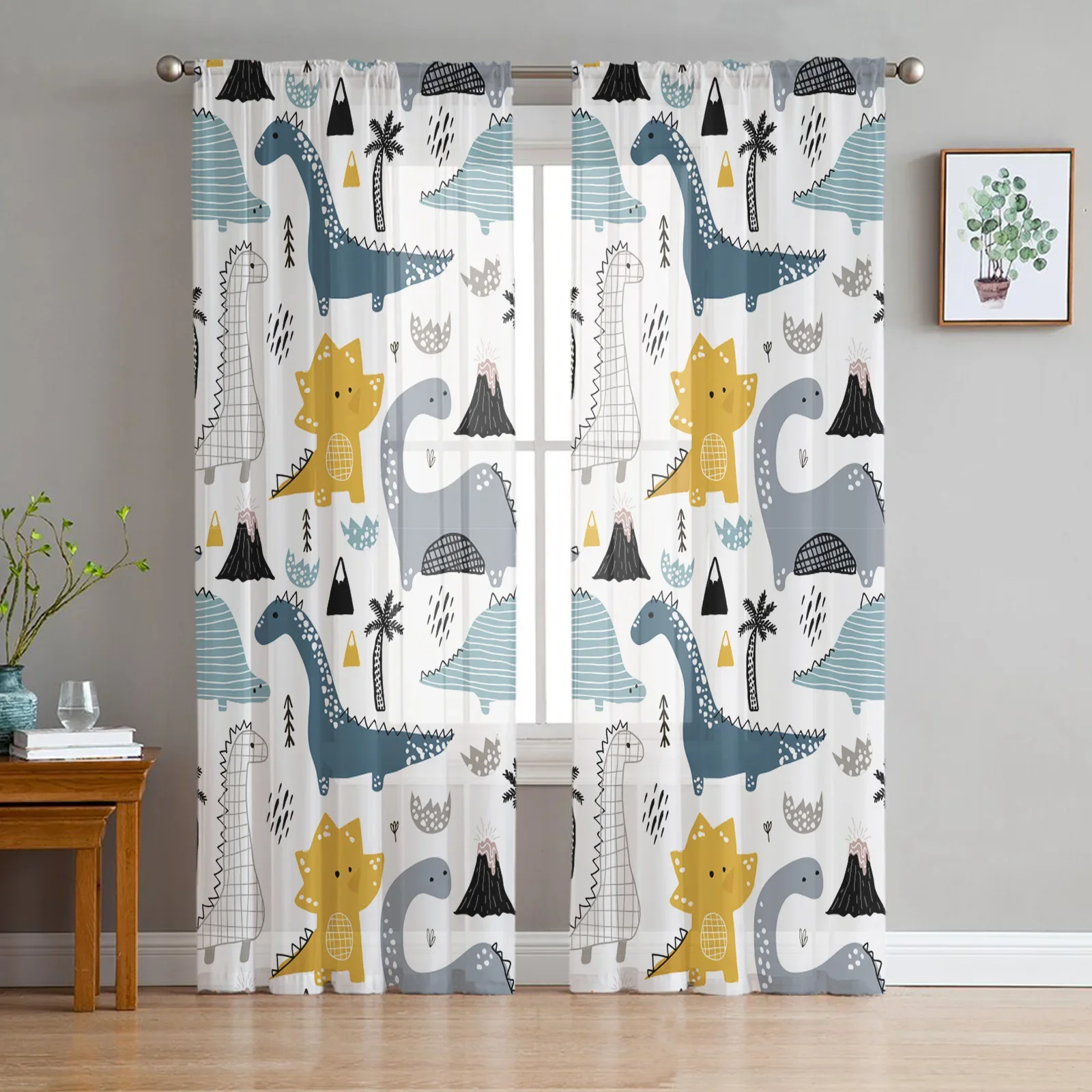 Dinosaur Cartoon Kawaii Geometric Tulle Sheer Window Curtains for ...