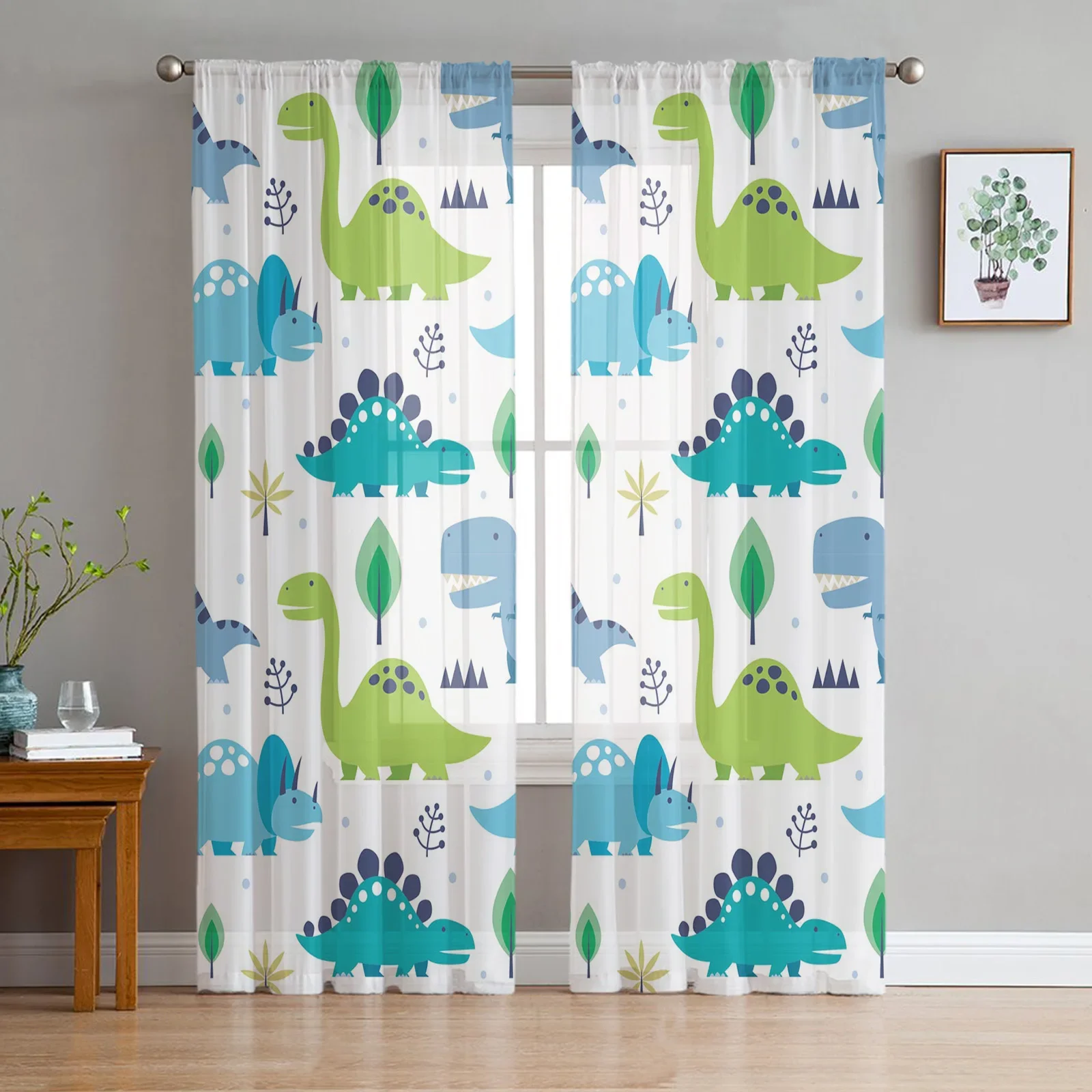 Dinosaur Cartoon Kawaii Geometric Tulle Sheer Window Curtains for ...