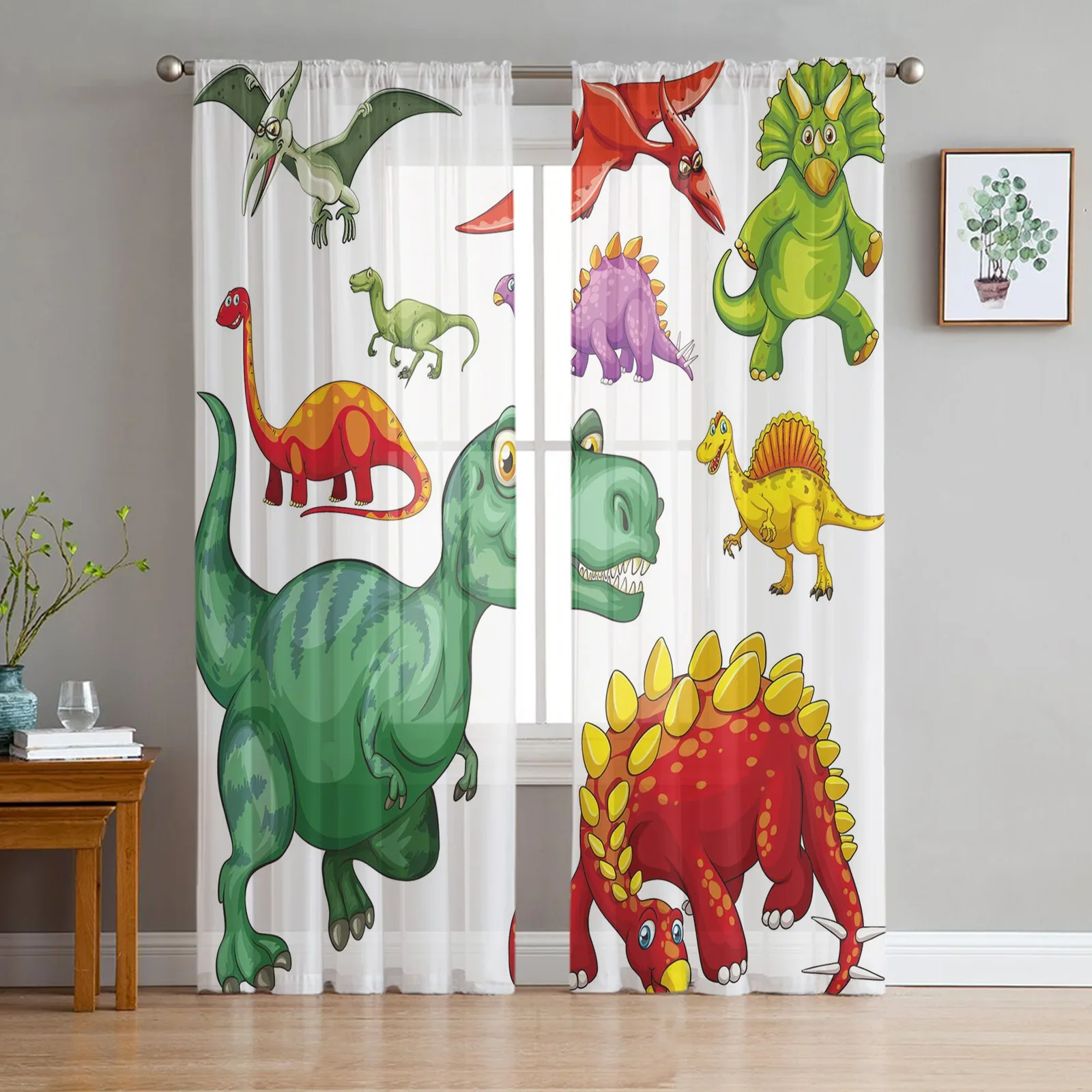 Dinosaur Cartoon Kawaii Geometric Tulle Sheer Window Curtains for ...