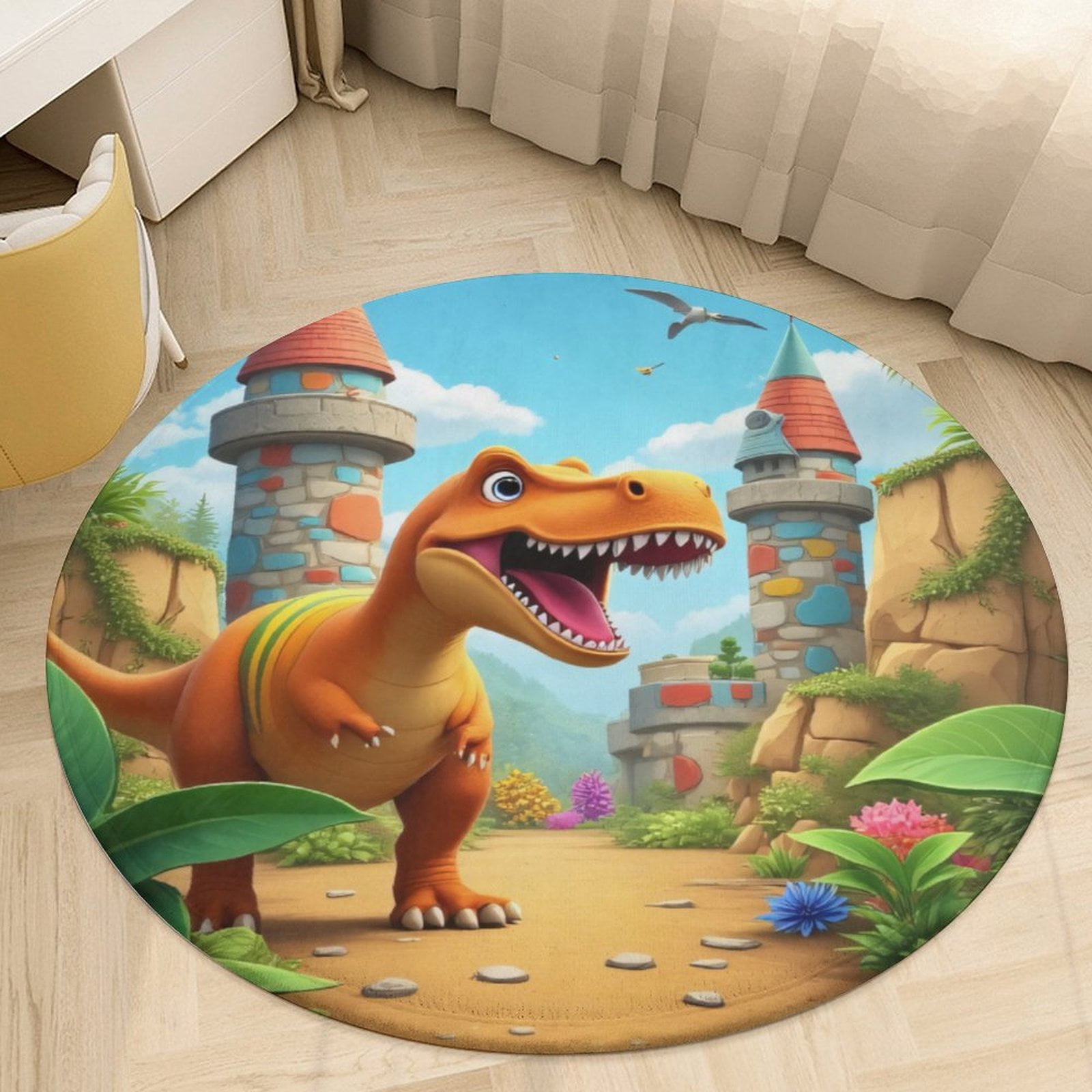 Dinosaur Castle Adventure Round Area Rugs for Bedroom Living Room, 6FT ...