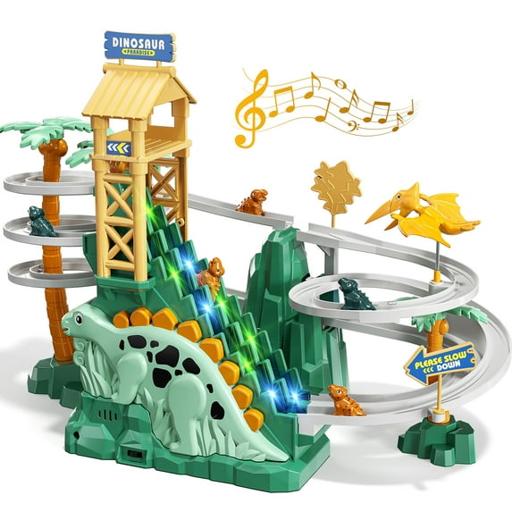 Dinosaur Climbing Slide Stair Toy, Racing Track Game Set with Light and ...