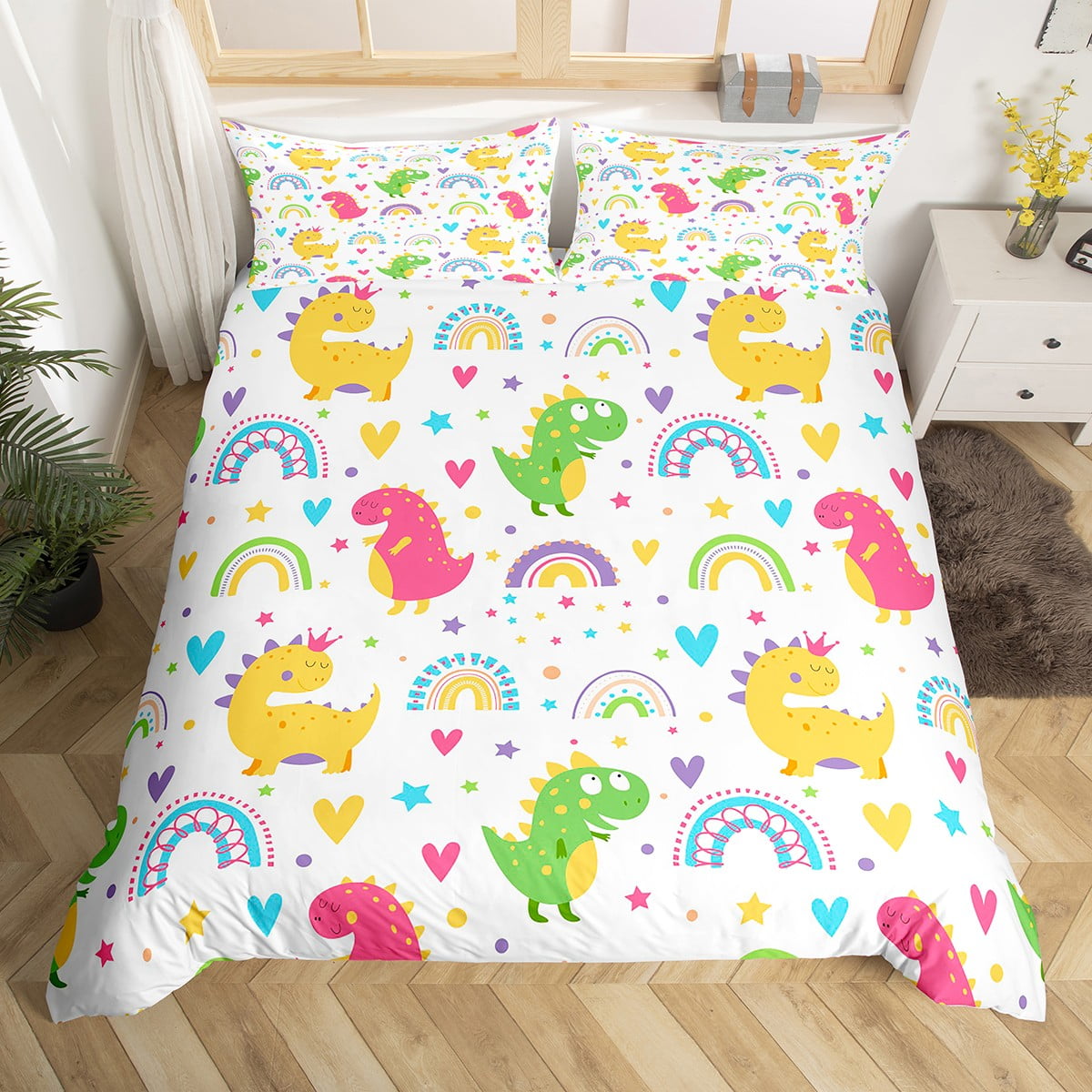 Dinosaur Comforter Cover Kawaii Room Decor,Love Heart Cute Rainbow Kids ...