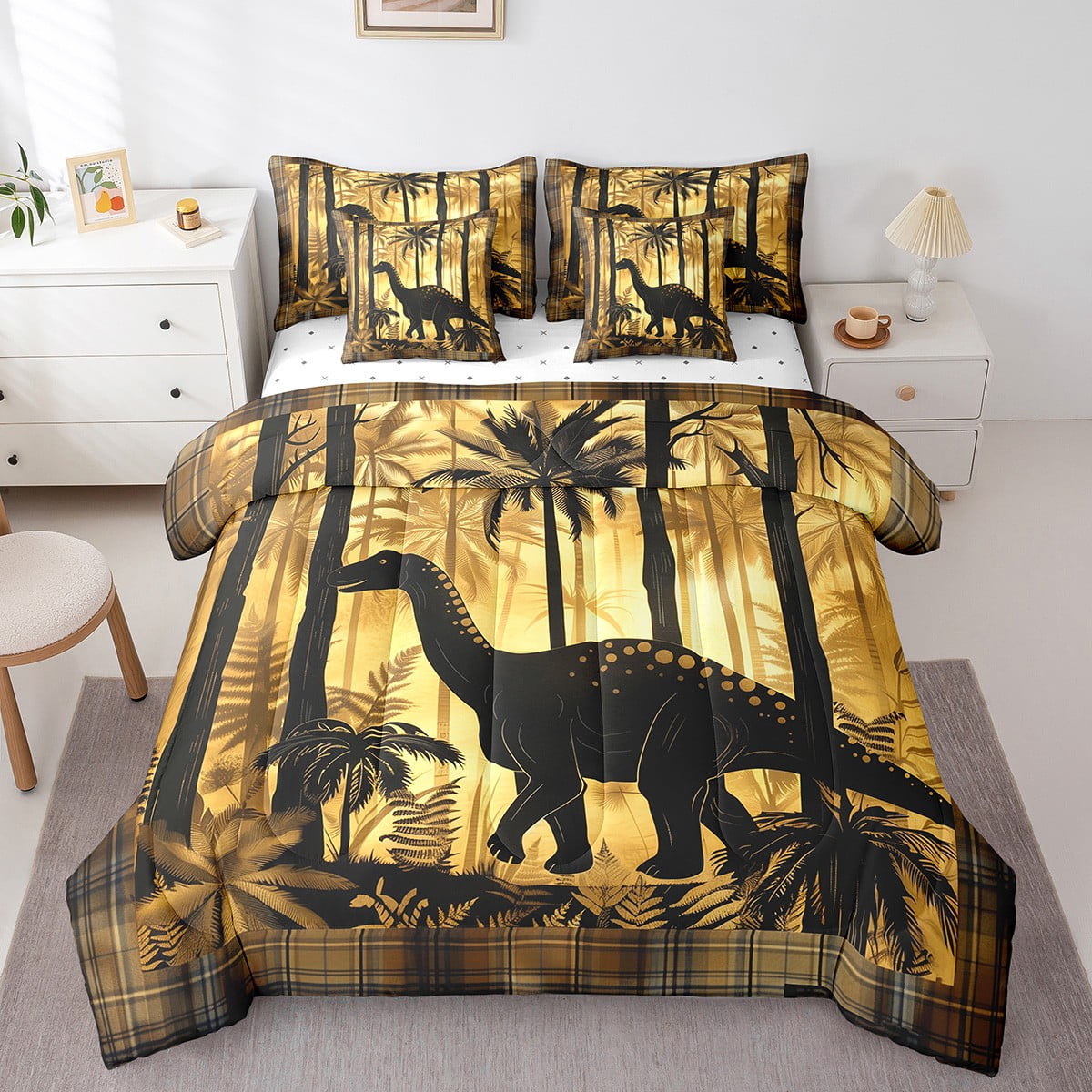 Dinosaur Comforter Set 7 Piece Bed in a Bag Twin,Palm Leaves Dino Bedding Sets Vintage Jungle ...