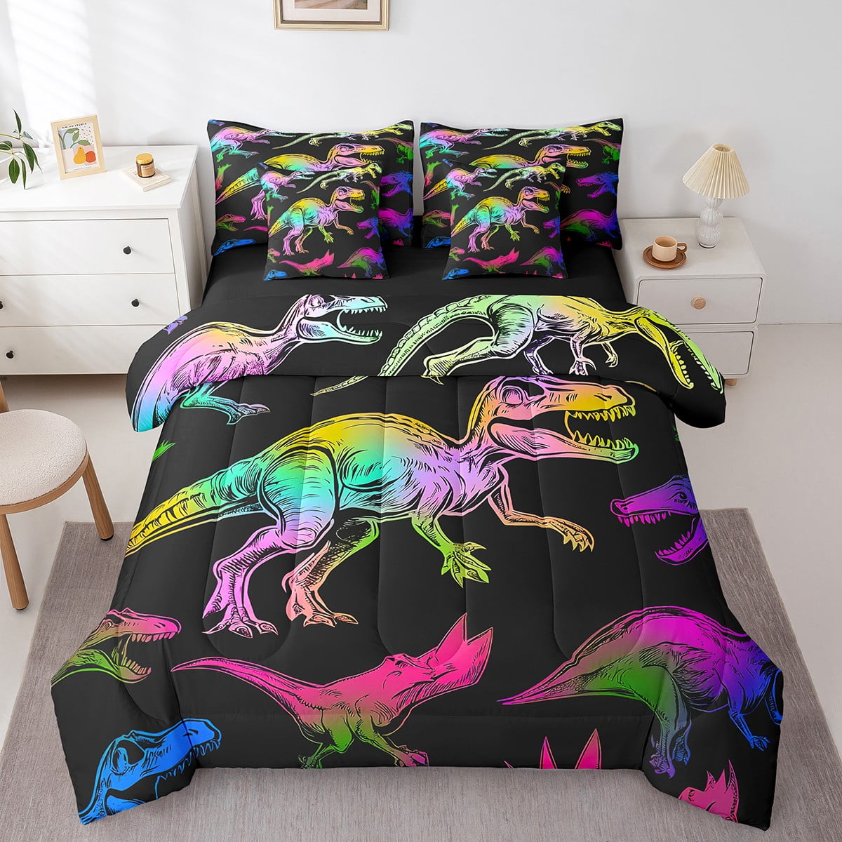Dinosaur Comforter Set 7 Piece Bed in a Bag Twin,Rainbow Dino Bedding ...