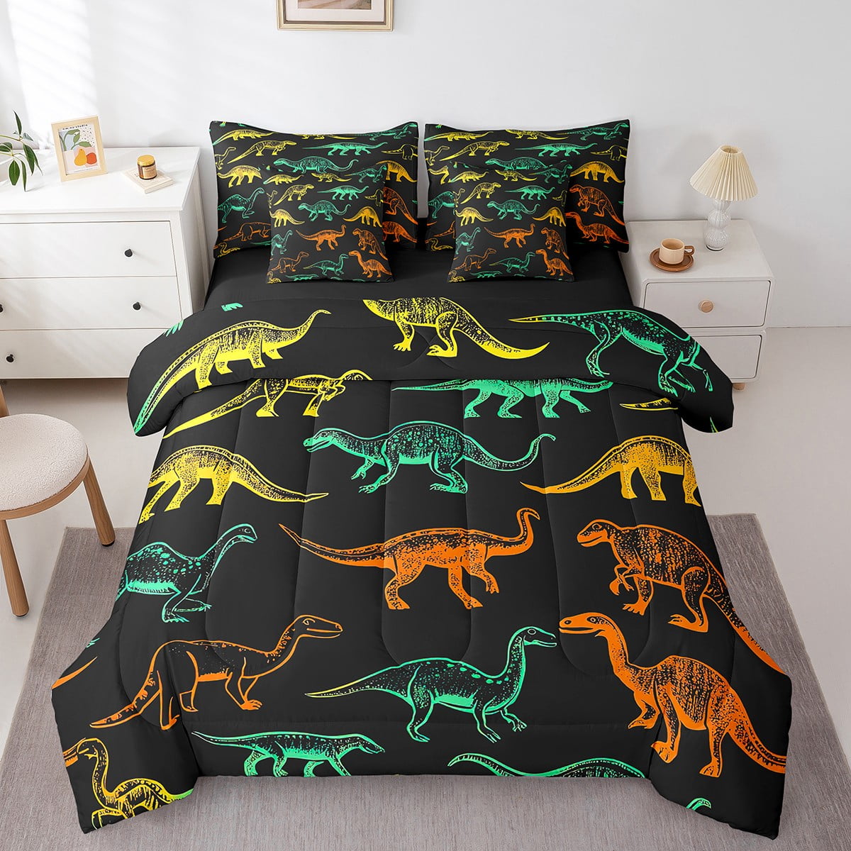 Dinosaur Comforter Set Full,Cartoon Hand Drawn Dino Bedding Set Teens,Ancient Wildlife ...