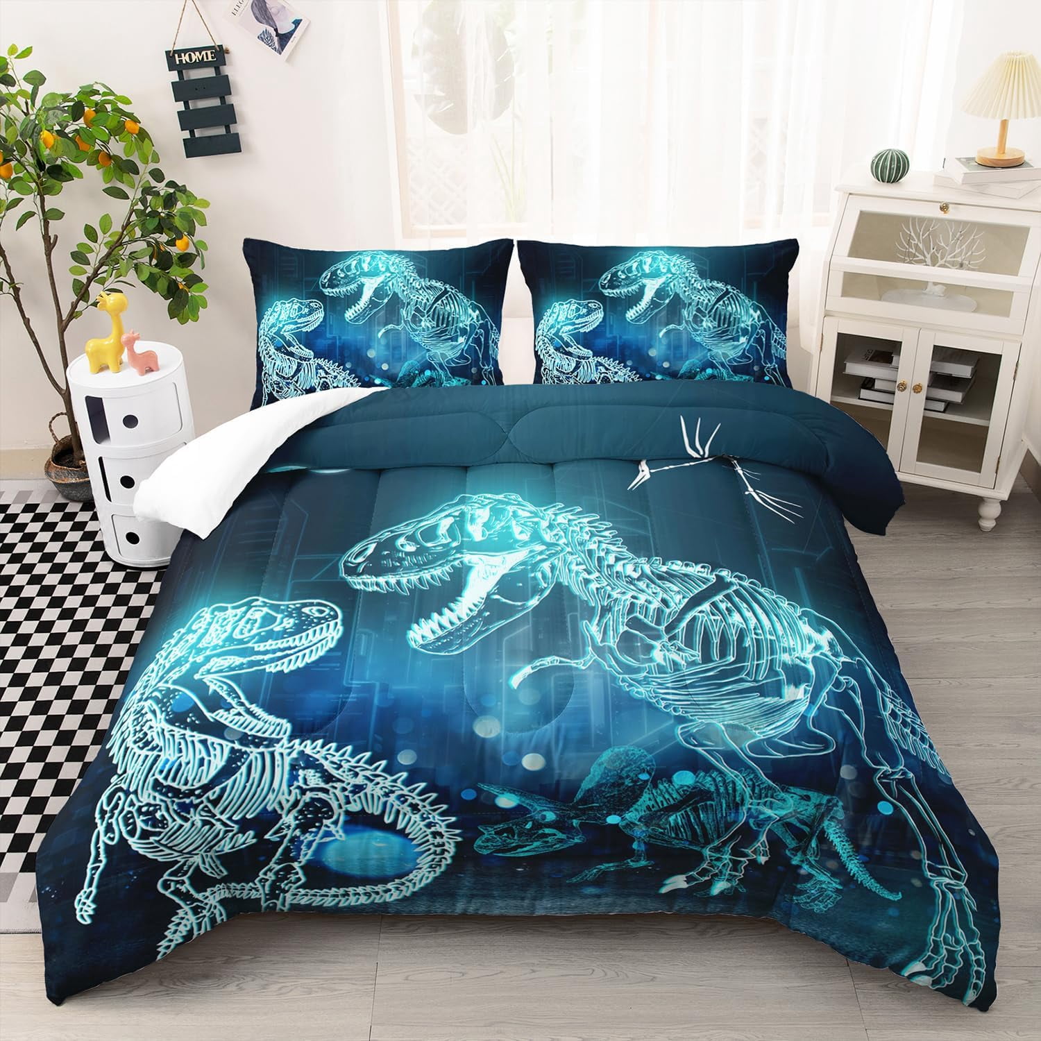 Dinosaur Comforter Set for Teens Boys Girls, Dino Eyes 3 Pieces Bedding ...