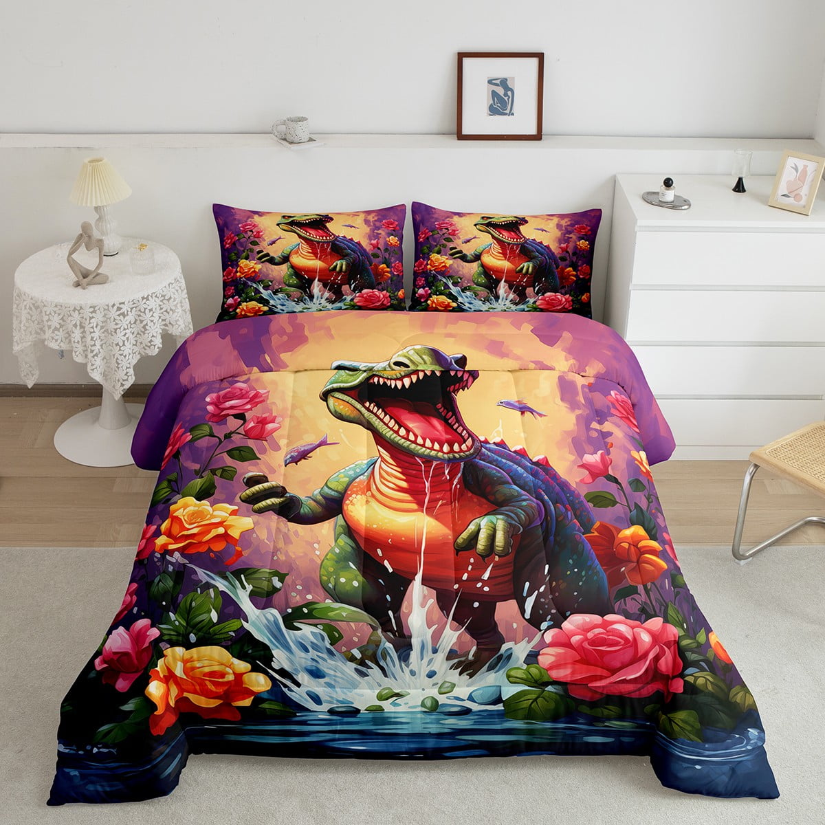 Dinosaur Comforter Set Green Dino Flowers Queen Bedding Sets,Jungle Animal Dinosaurios Quilt ...