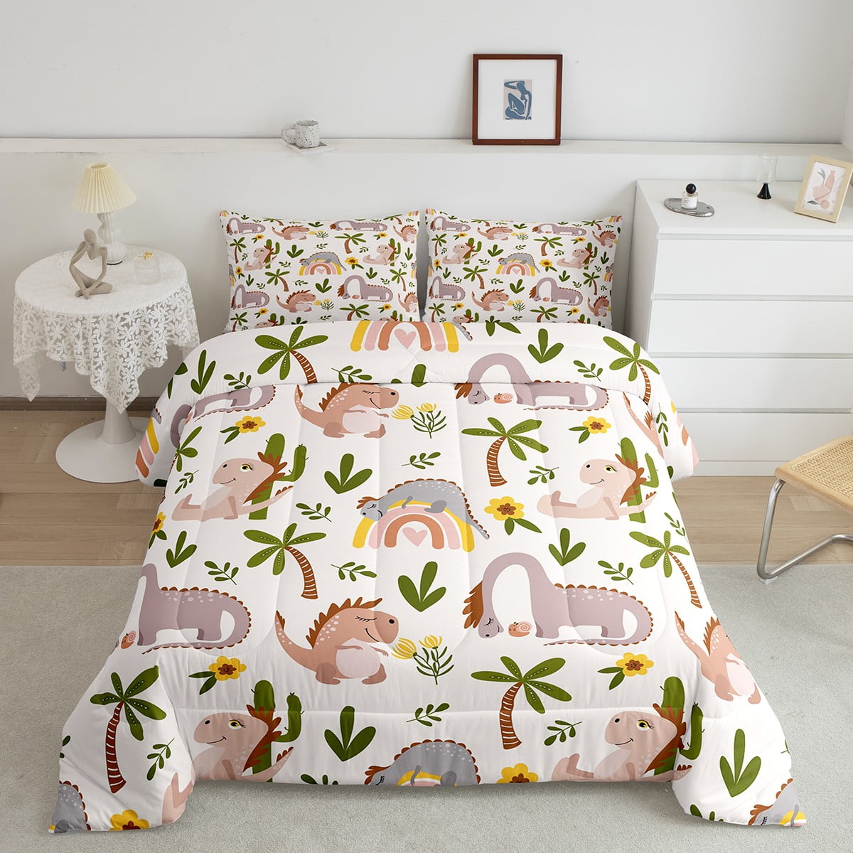 Dinosaur Comforter Set Kawaii Room Decor,Palm Tree Flowers Cute Rainbow ...