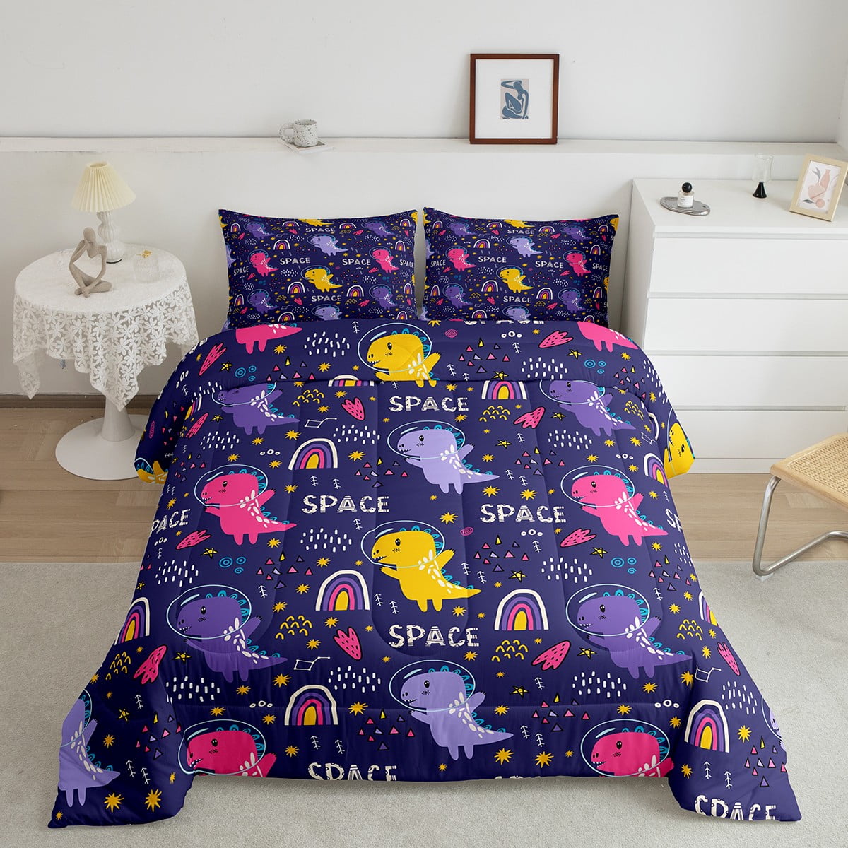 Dinosaur Comforter Set ,Dinos Kawaii Decor Cartoon Rainbow Bedding Set ...
