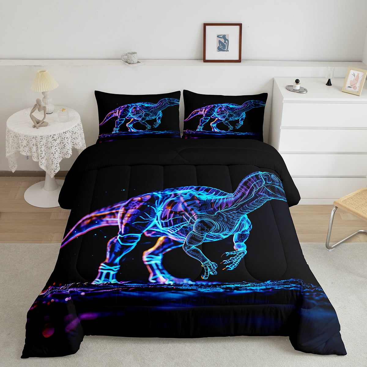 Dinosaur Comforter Set Neon Lights Dino Queen Bedding Sets,Jungle ...