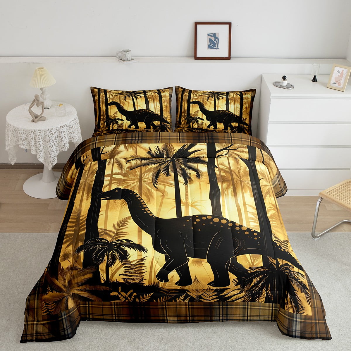 Dinosaur Comforter Set Palm Leaves Dino Queen Bedding Sets,Vintage ...