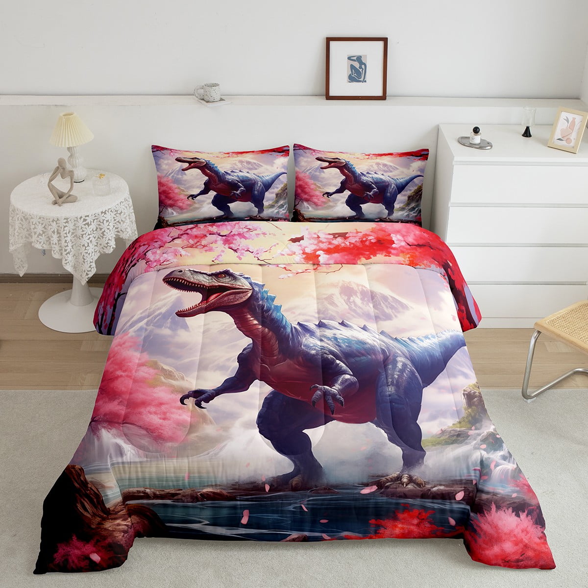 Dinosaur Comforter Set Wild Dino Twin Bedding Sets for Girls,Cherry ...