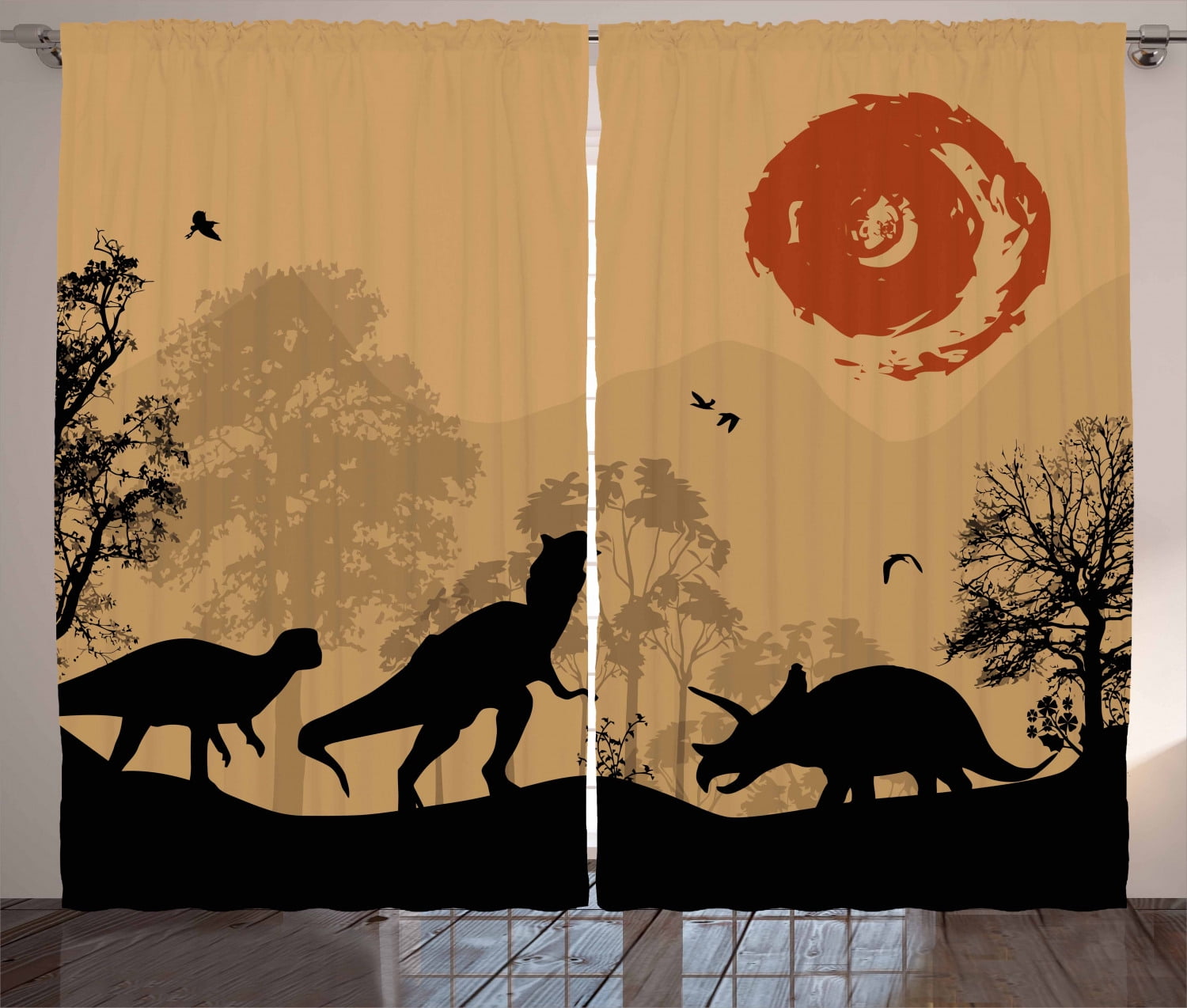 Ambesonne Dinosaur Curtains 2 Panel Set, Prehistoric Wilderness, 108" x ...