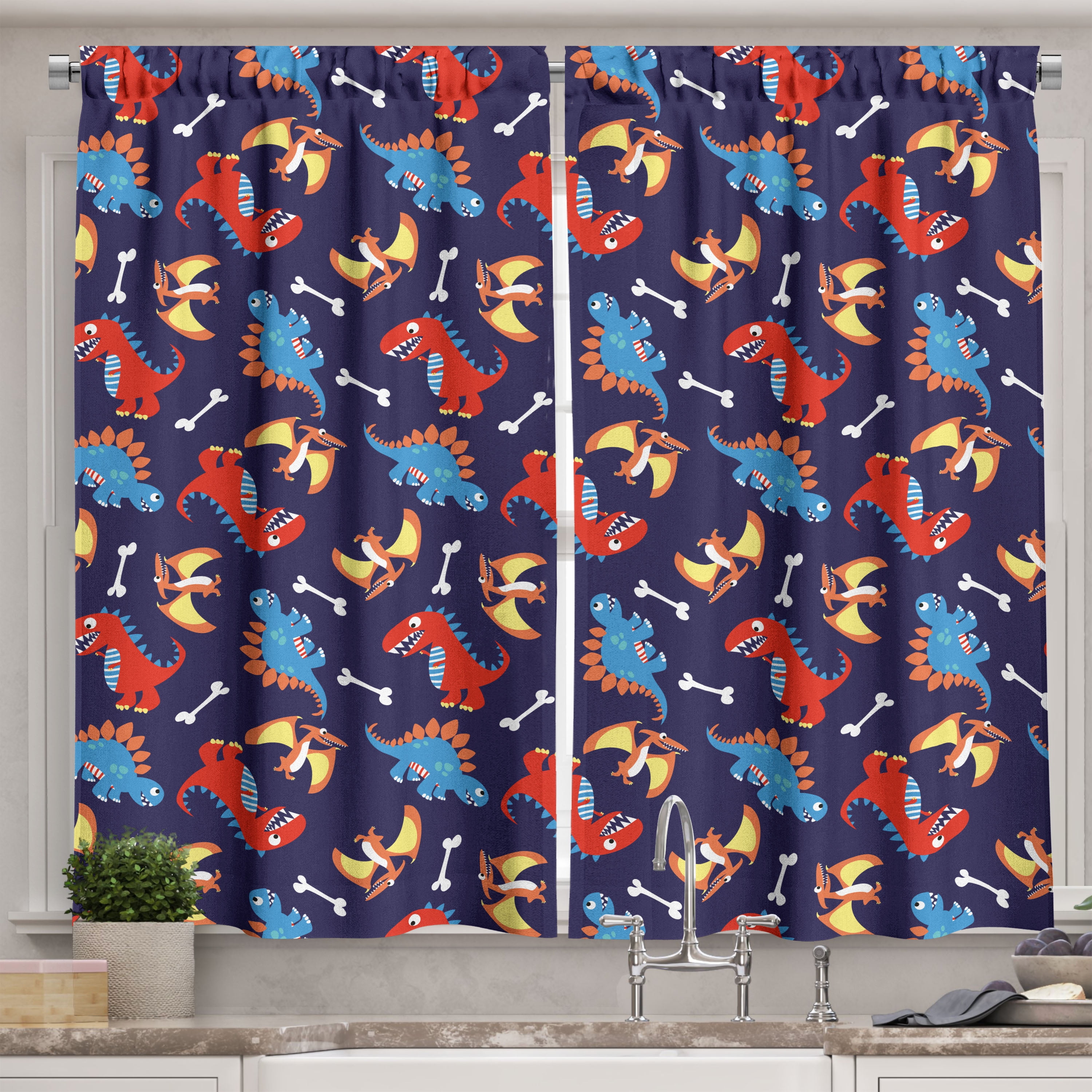 Ambesonne Dinosaur Kitchen Curtains, Dino Funny Expressions, 55"x39 ...