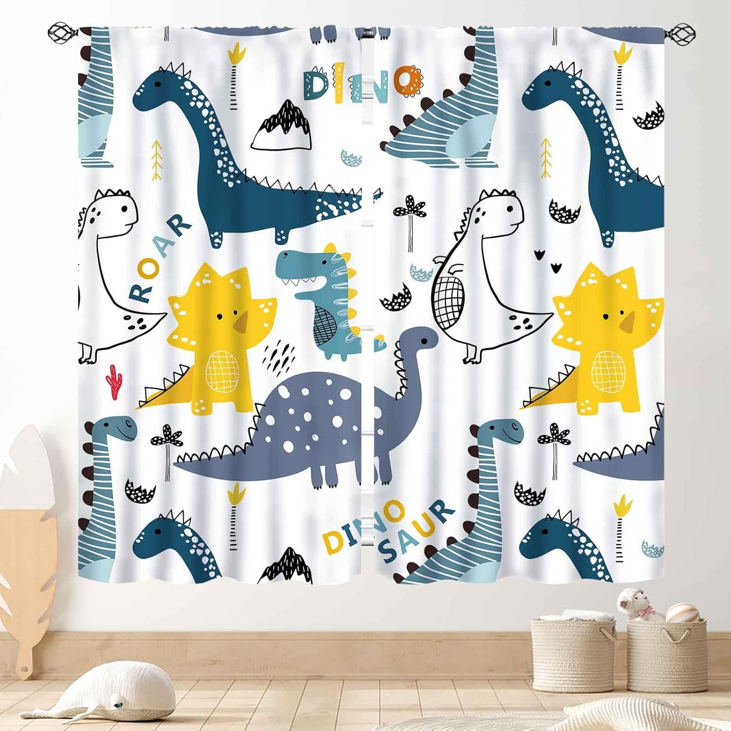 Dinosaur Curtains, Kids Boys Cartoon Dino Funny Colorful Safari Animals ...