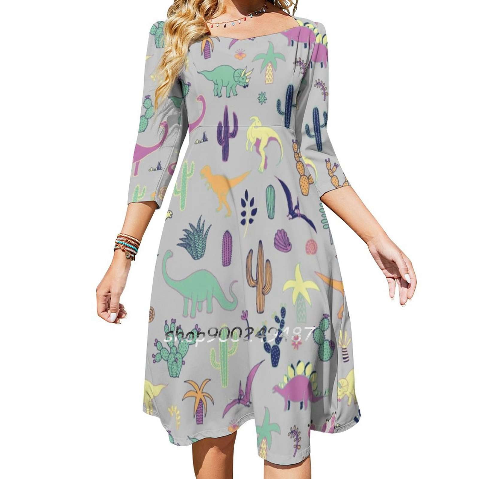 Dinosaur Desert-Peach Mint And Navy-Fun Pattern By Cecca Evening Party Dresses Midi Sexy Dress ...