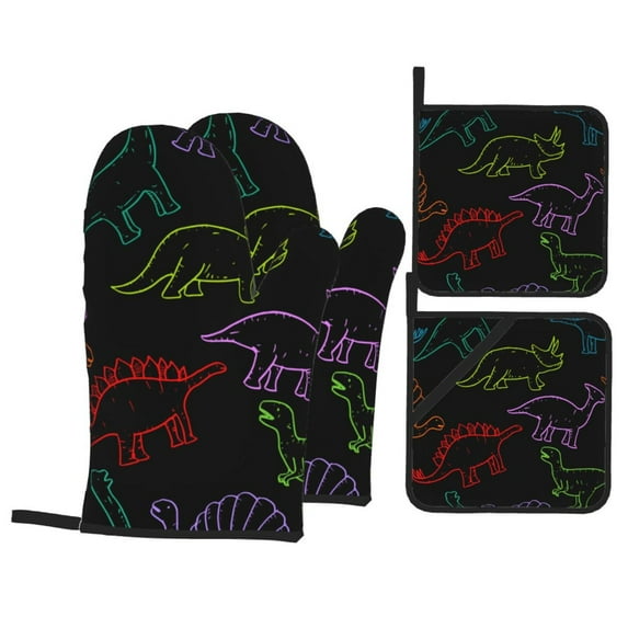 Dinosaur Dino Black 4Pcs Oven Mitts and Pot Holders Sets Oven Kitchen ...