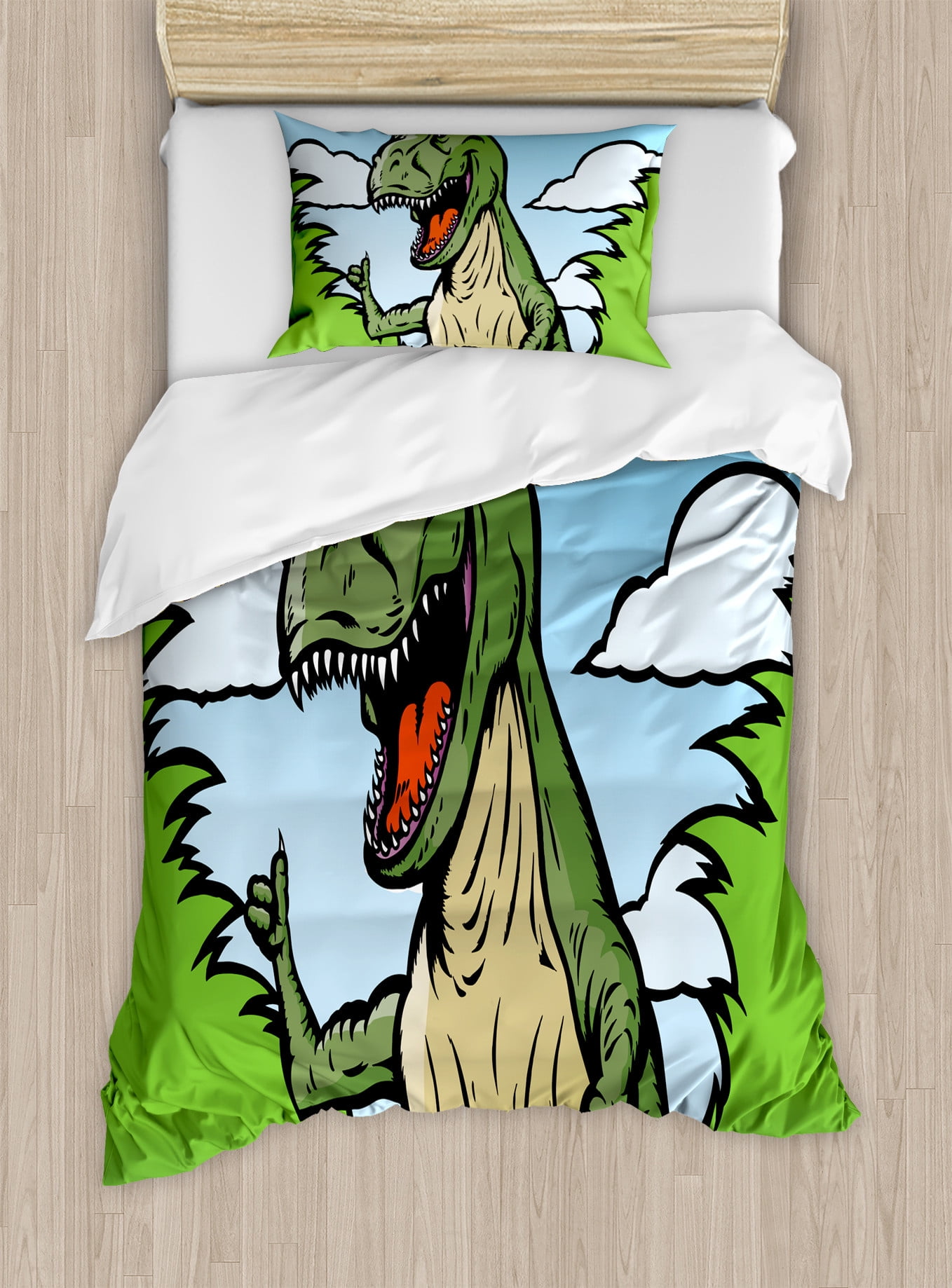 Dinosaur Duvet Cover Set, Cartoon T-Rex with Funny Face Giving Thumps ...