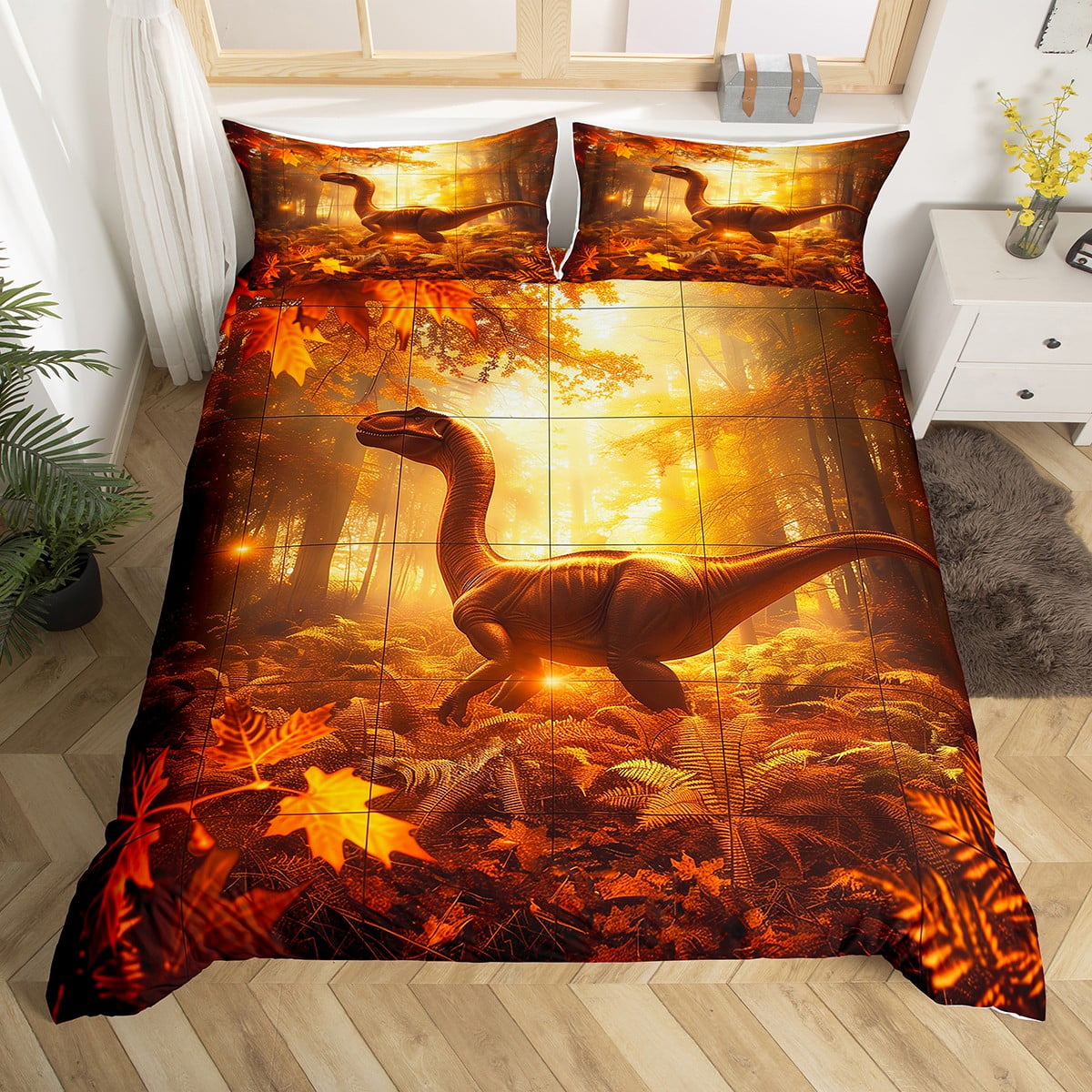 Dinosaur Duvet Cover Set Fall Leaves Dino Queen Bedding Sets,Vintage ...