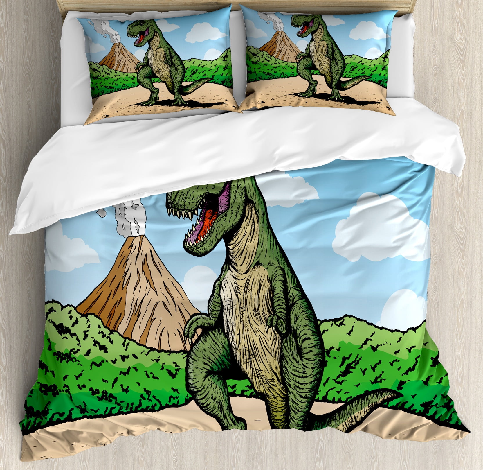 Dinosaur Duvet Cover Set, Giant Lizard T-Rex on Active Volcano ...