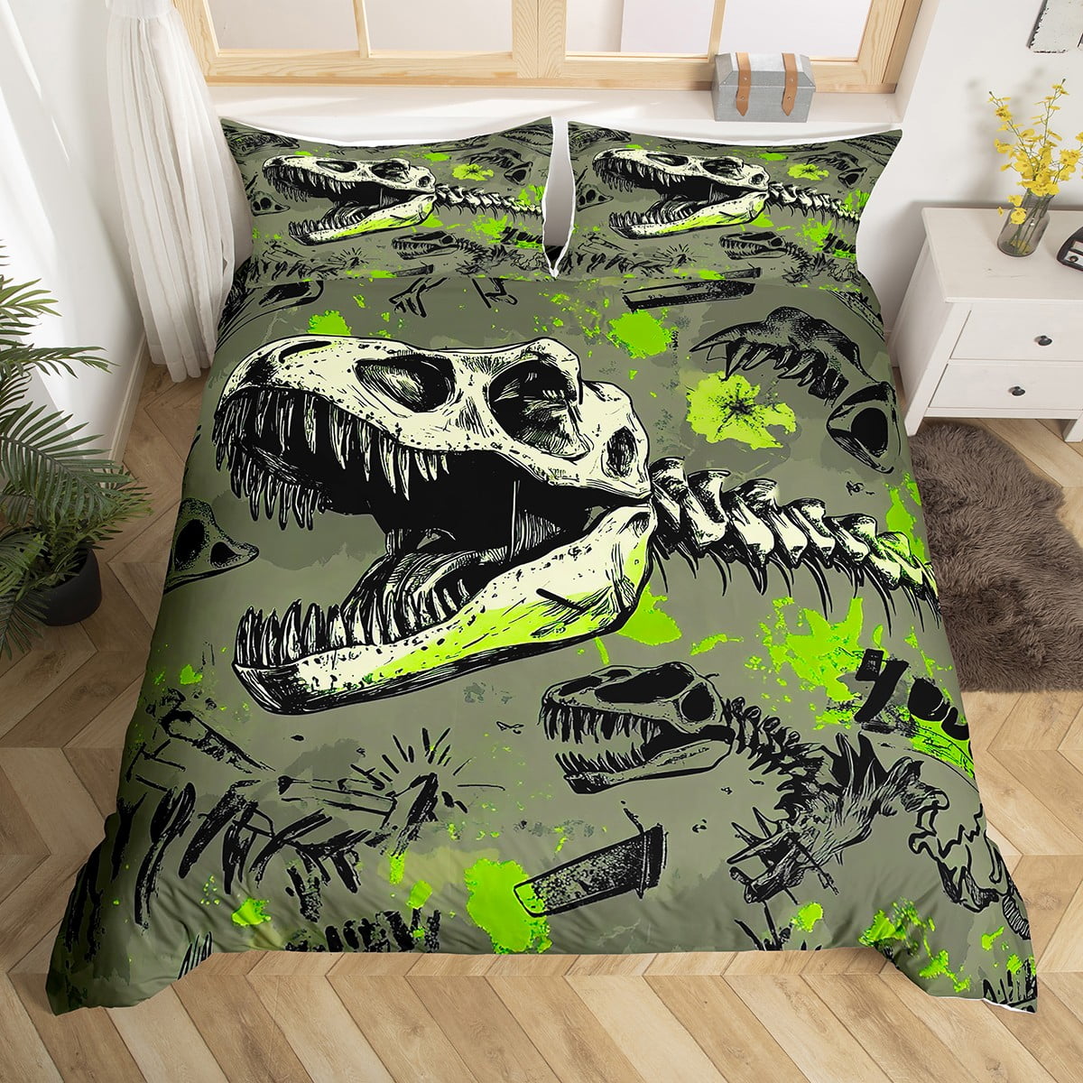 Dinosaur Duvet Cover Set Gothic Dino Skull Comforter Cover,Jungle ...
