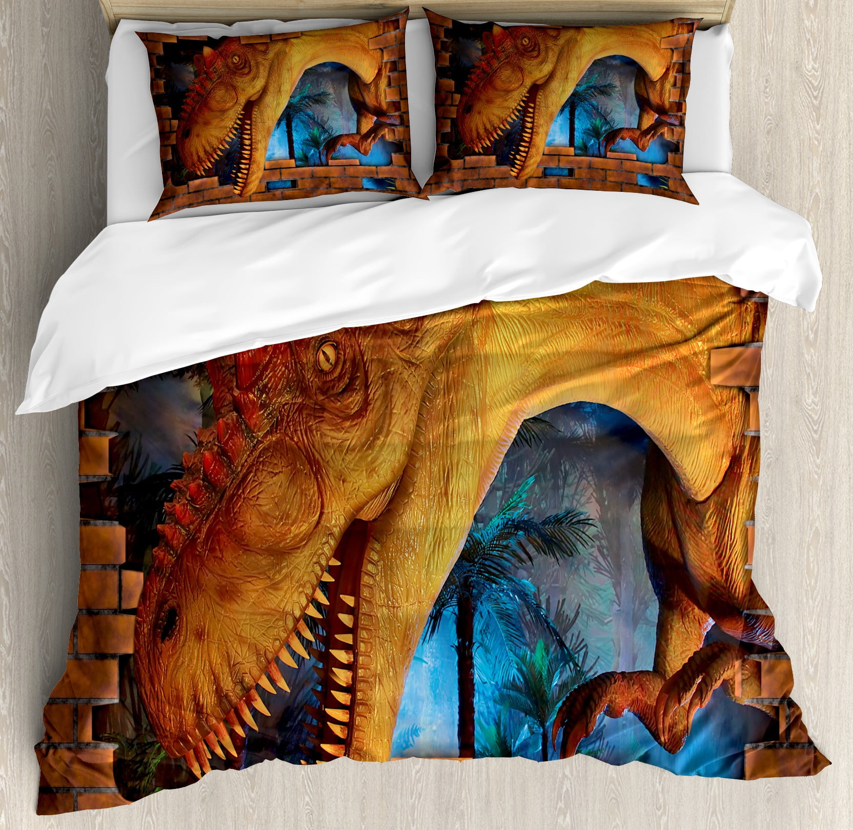 Dinosaur Duvet Cover Set, Tyrannosaurus Breaks a Brick Wall Frightening ...