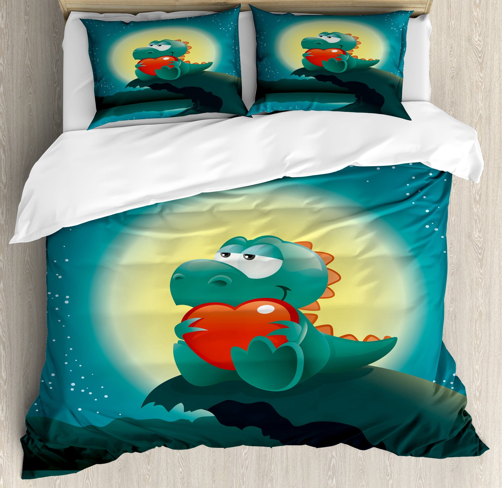 Dinosaur Duvet Cover Set, Valentine Night Scenery Animal in Love Full ...