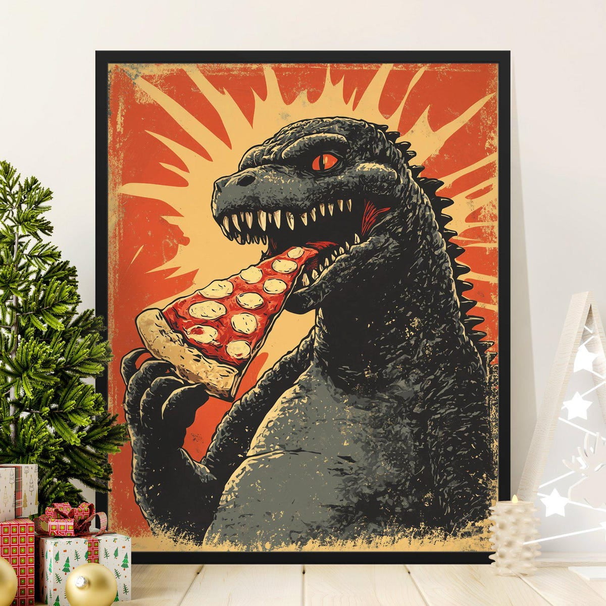 Dinosaur Eating Pizza Poster, Fun Retro Wall Art Print, Unique Gift for ...