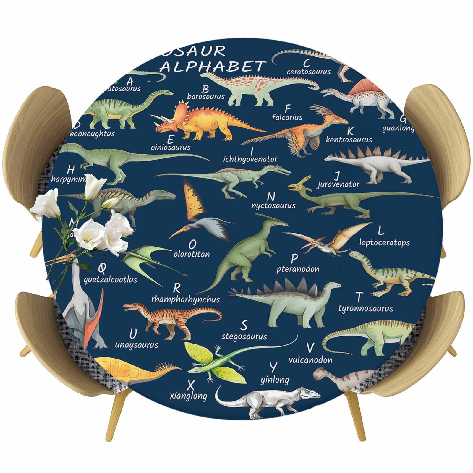 Dinosaur Family Round Fitted Tablecloth with Elastic Edge, Retro ...